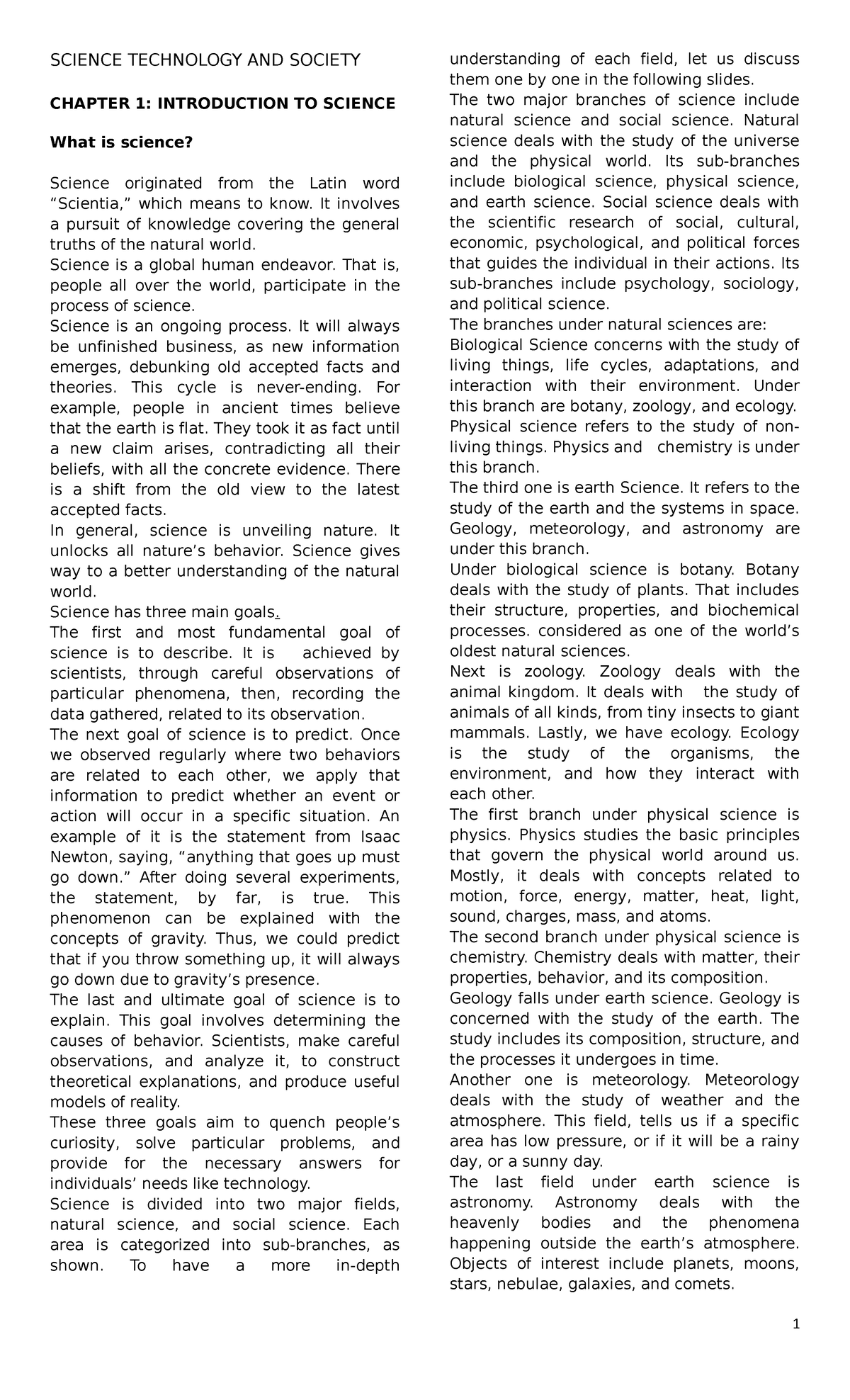 Notes - SCIENCE TECHNOLOGY AND SOCIETY CHAPTER 1: INTRODUCTION TO ...