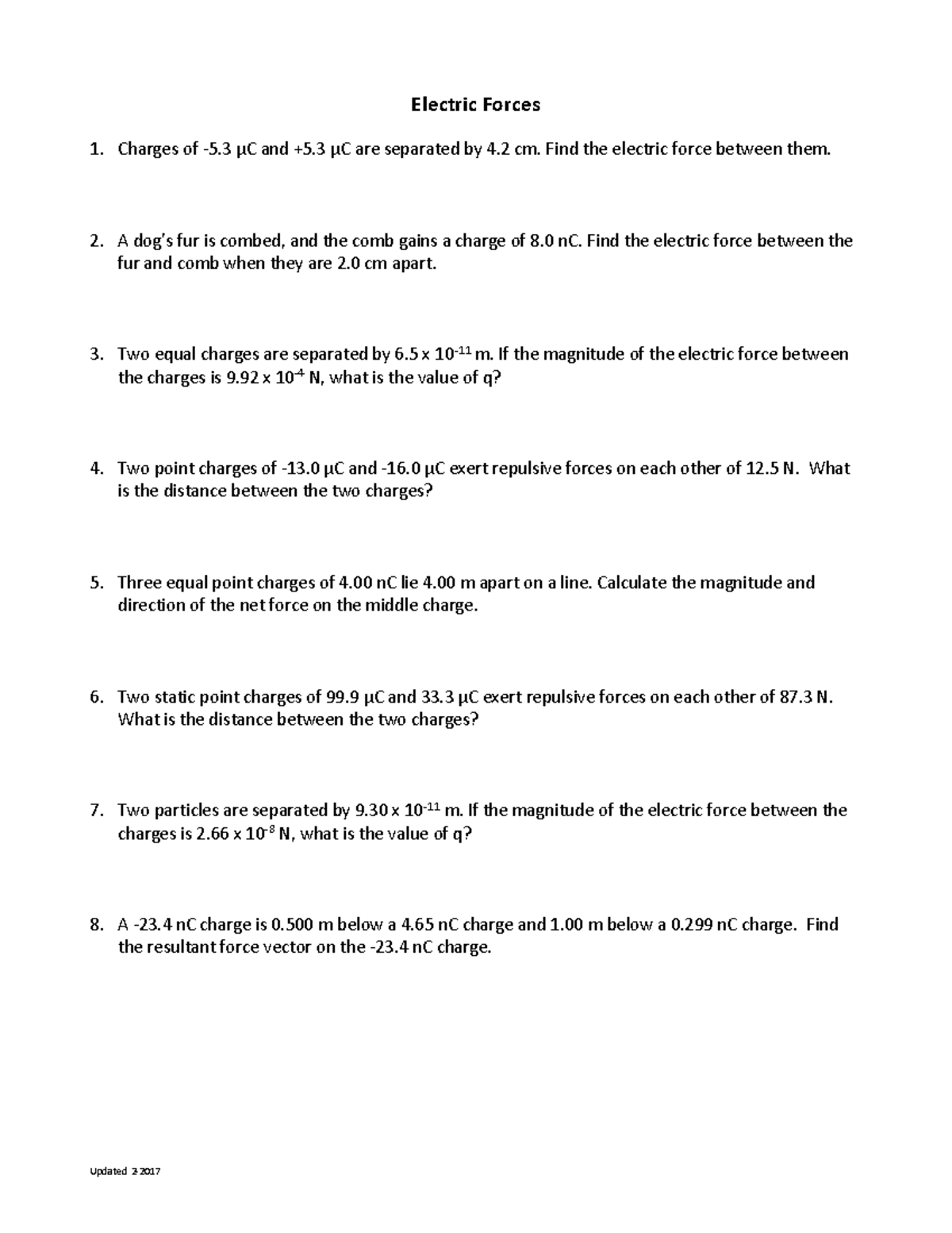 Electric Forces WS - very good notes - Updated 2 - 2017 Electric Forces ...