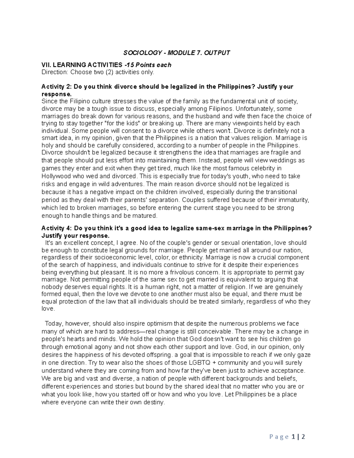 Sociology 7 - Evaluation, Learning Activities and Assignment ...