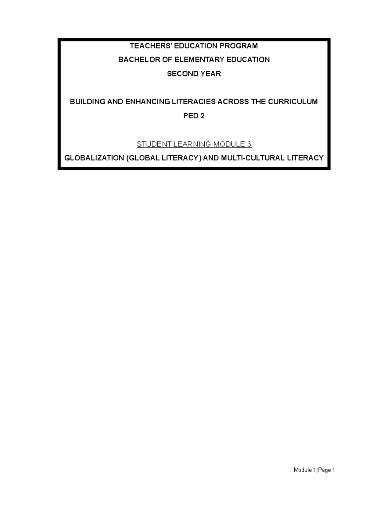 Module 3 Globalization and Multicultural Literacy - TEACHERS’ EDUCATION ...