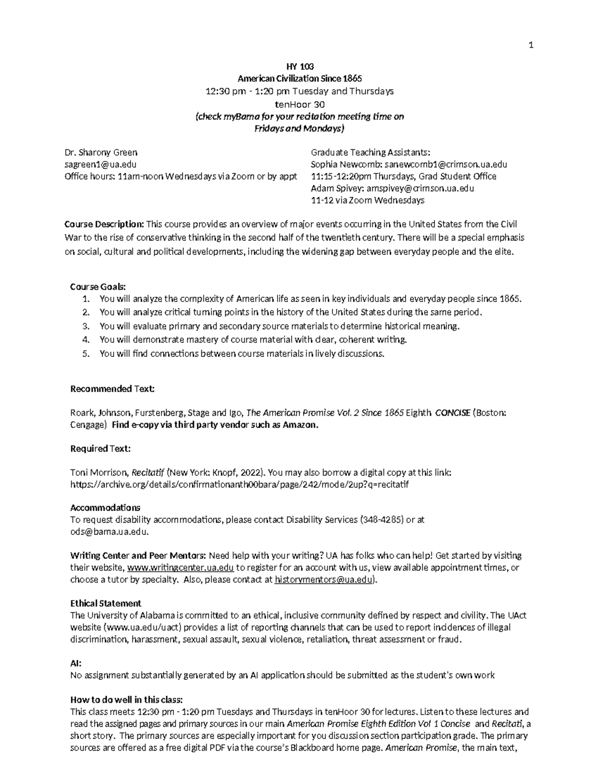 HY 104 Syllabus Fall 2024(4) - HY 103 American Civilization Since 1865 ...