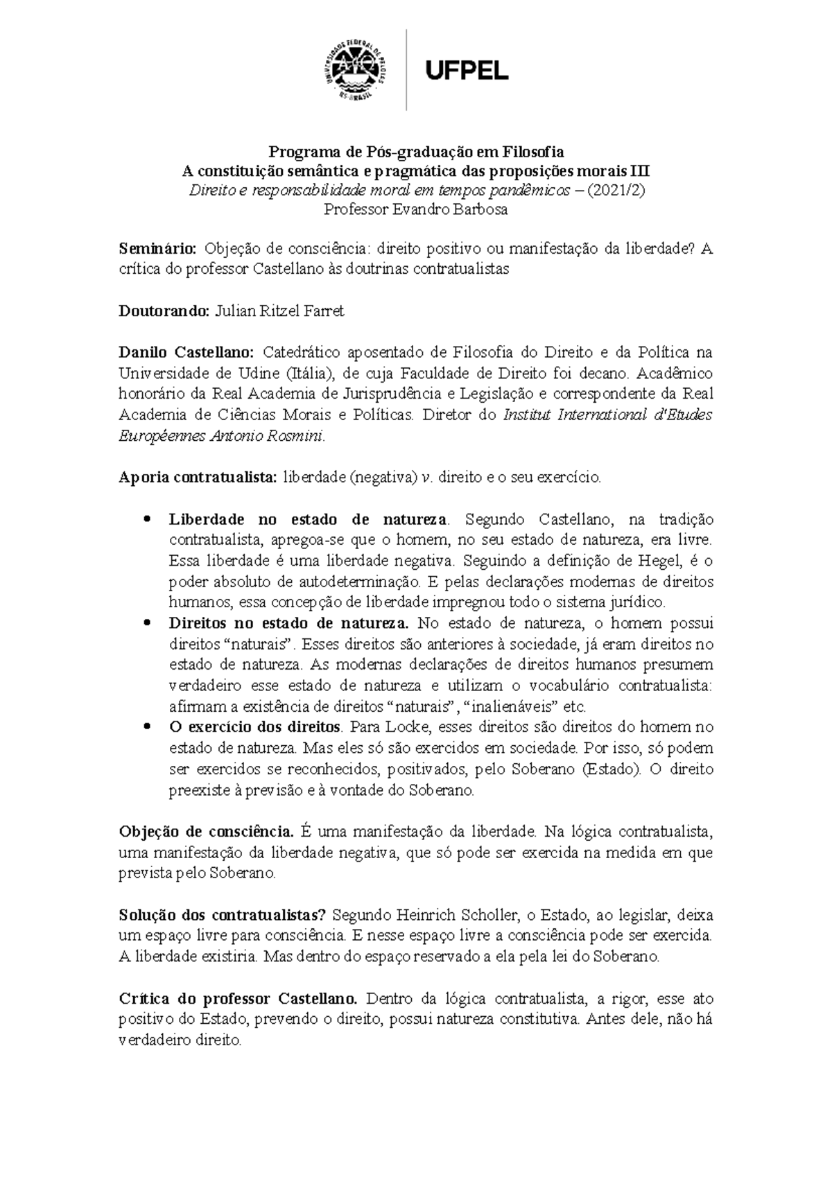 Handout. Danilo Castellano. Racionalismo y Derechos Humanos. Objeção de ...