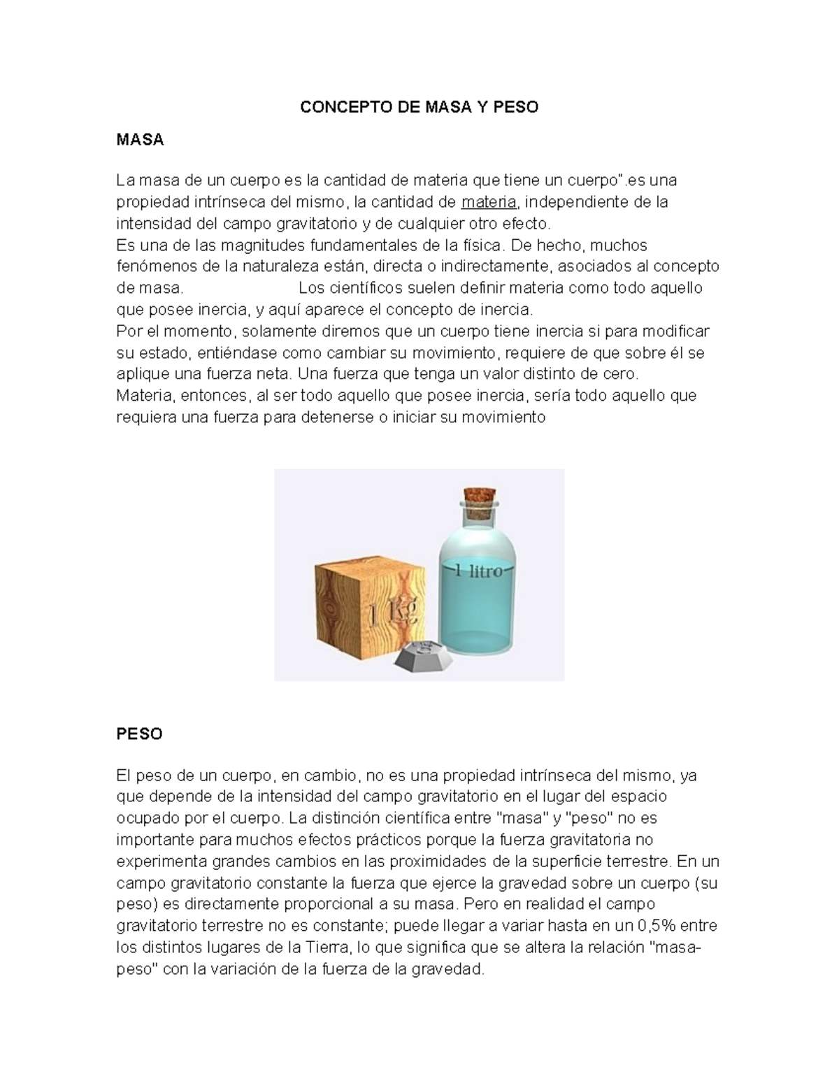 Concepto MASA Y PESO - CONCEPTO DE MASA Y PESO MASA La masa de un ...