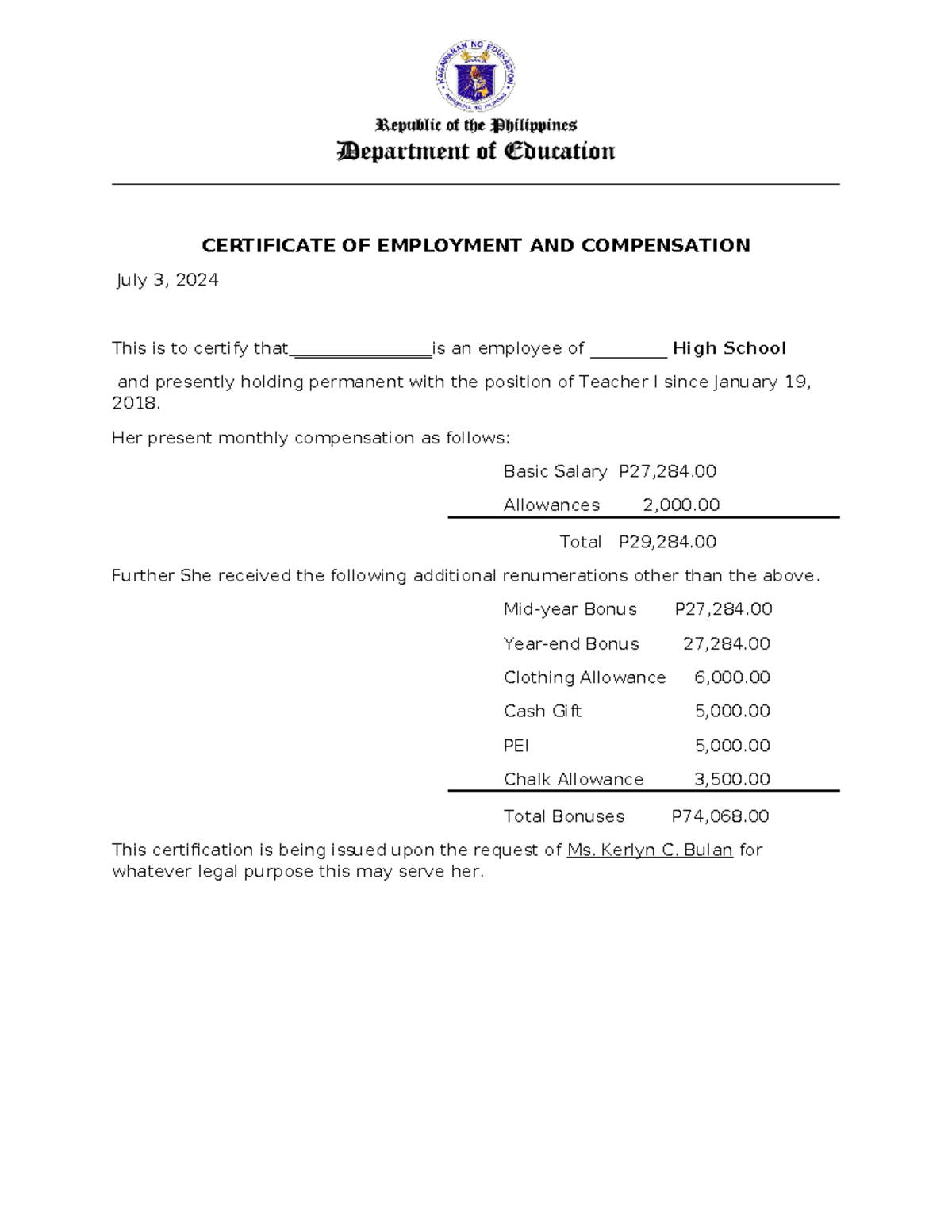 COE with Compensation - SAMPLE COE only . - CERTIFICATE OF EMPLOYMENT ...