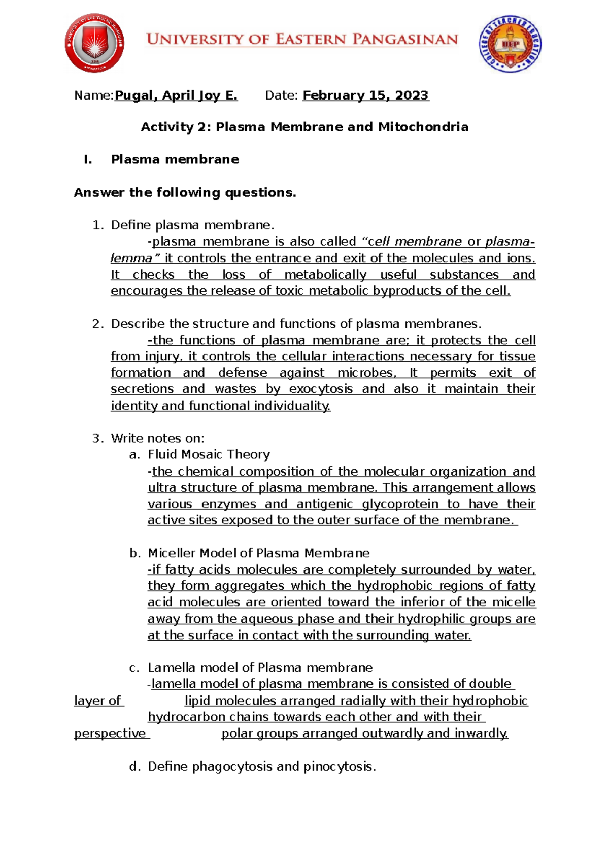 Pugal April Joy - Activity 2- Plasma Membrane and Mitochondria - Name ...