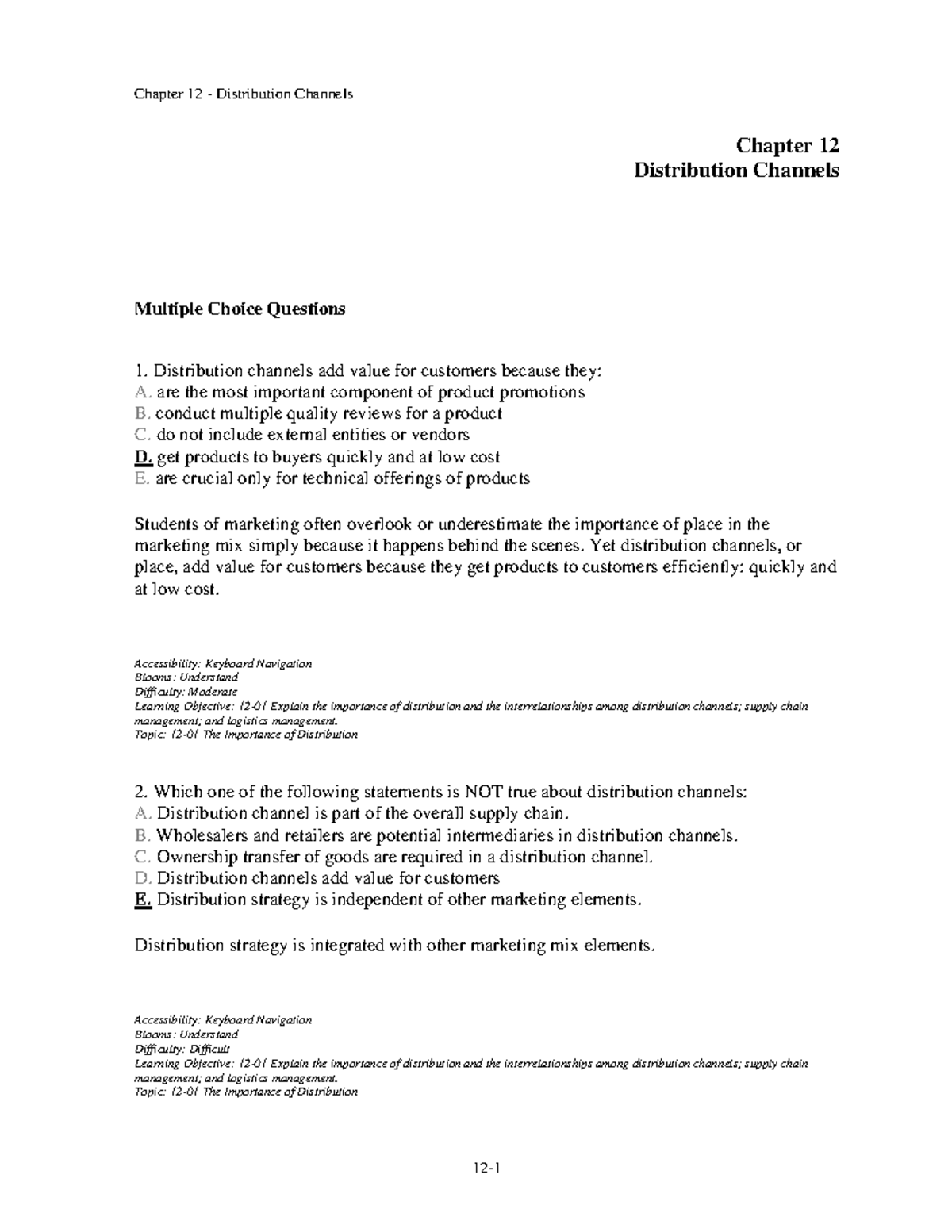 Chap012 - Practice Test bank for Commerce 2MA3 Quiz/Test - Chapter 12 ...
