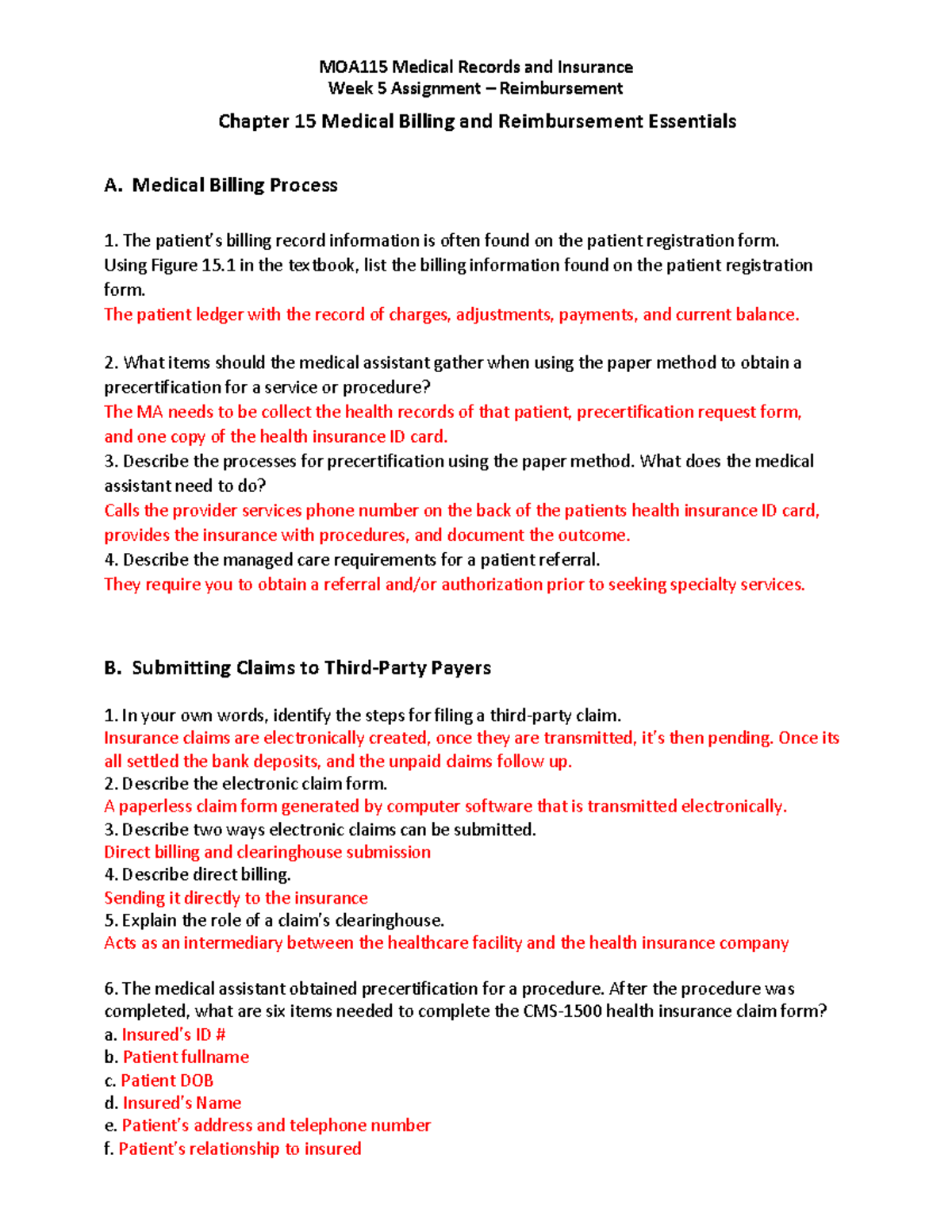 MOA115 wk5 assn kmyers 10222024 - MOA115 Medical Records and Insurance Week 5 Assignment – - Studocu