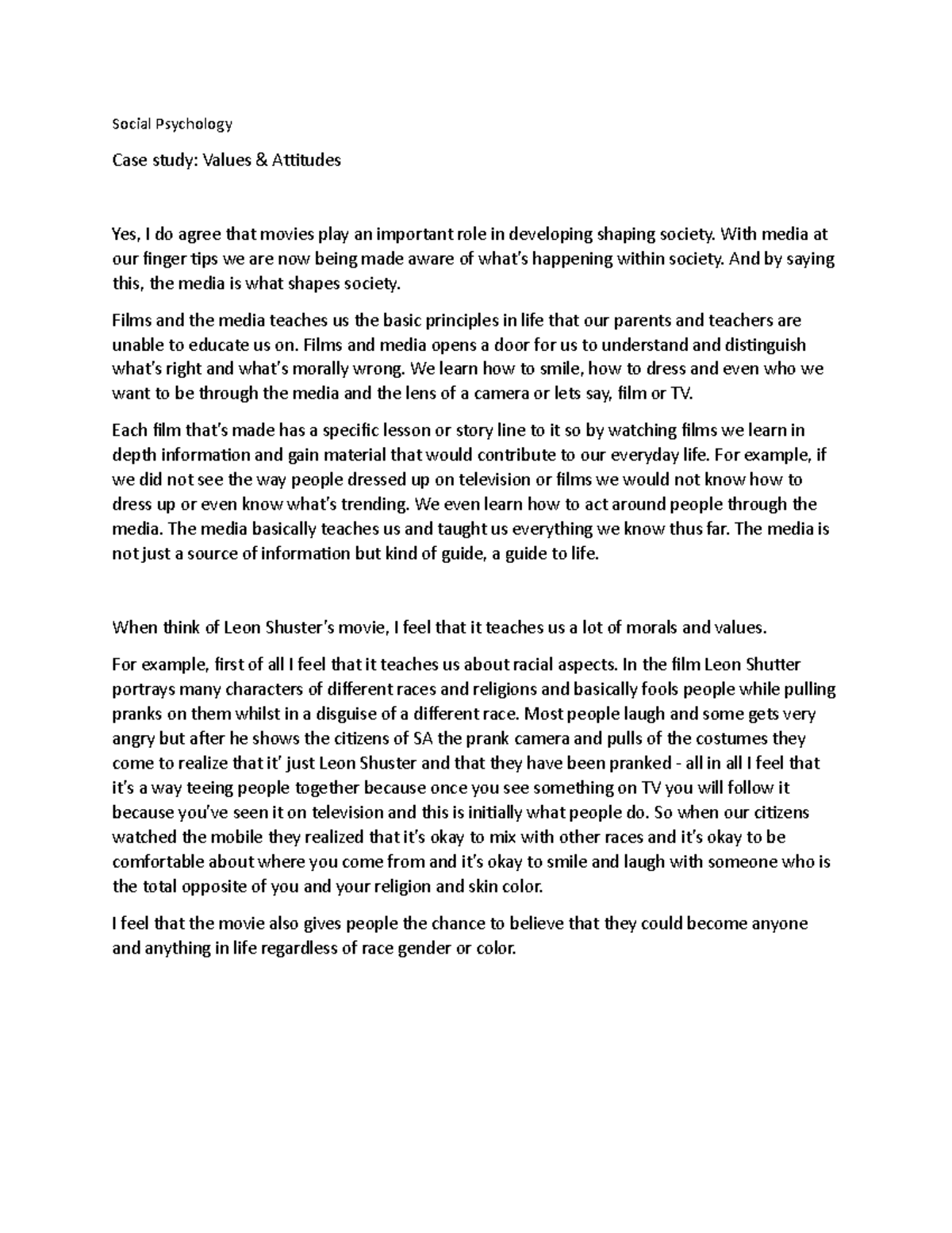 Values & Attitudes Case Study Psychology - Social Psychology Case study ...