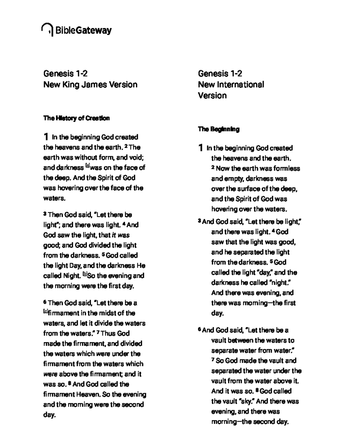Genesis 1-2 NKJV;NIV - The History of Creation - In the - Bible Gateway ...