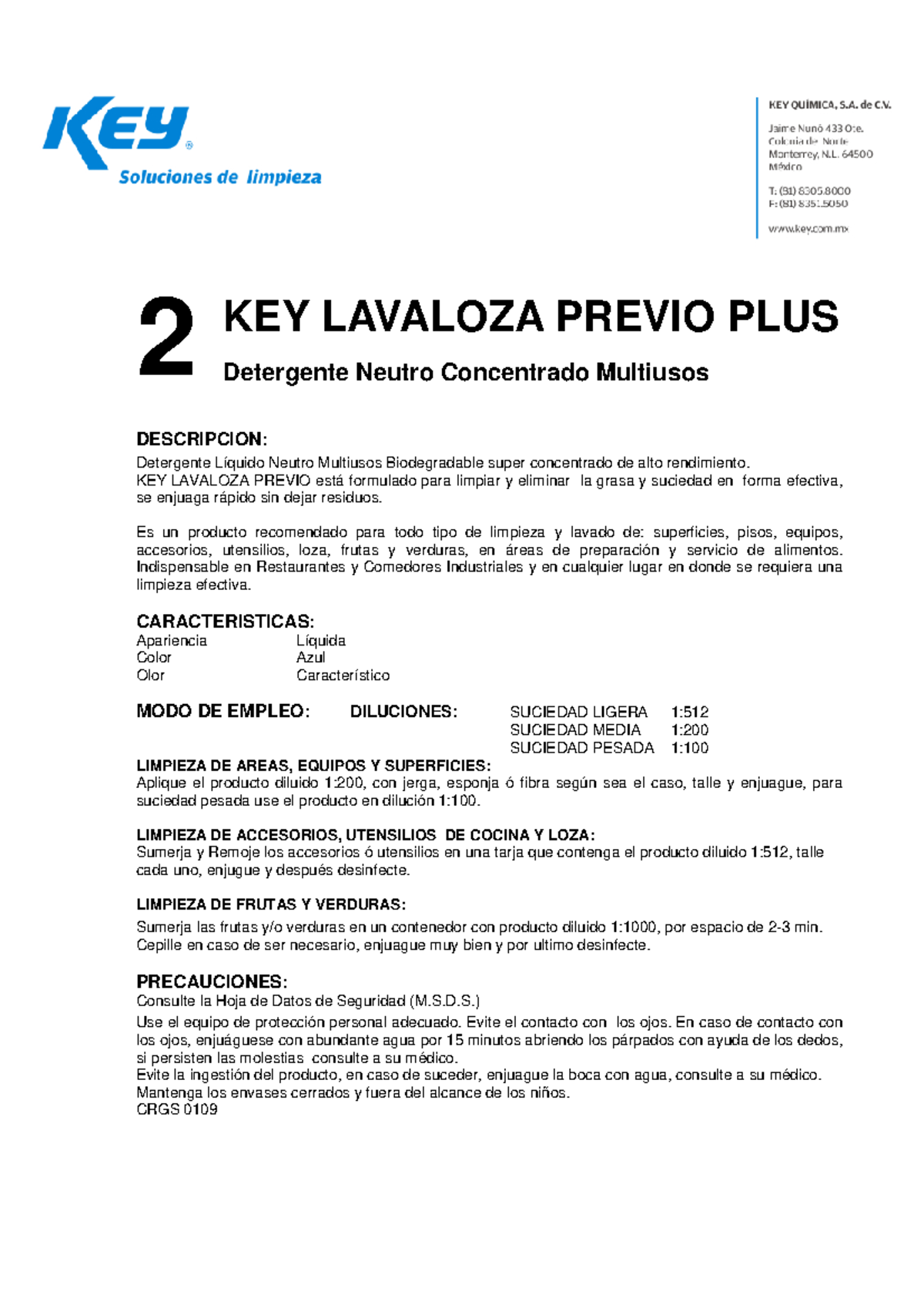 Ficha LAVA LOZA Previo PLUS - 2 KEY LAVALOZA PREVIO PLUS Detergente ...
