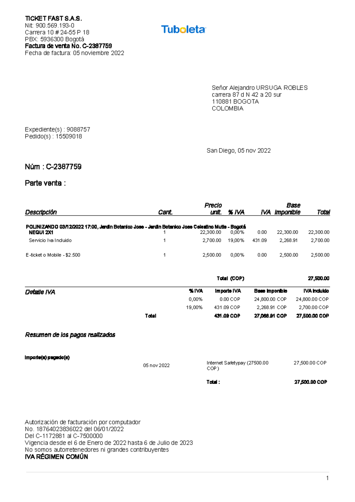 Factura polinizando - 1 TICKET FAST S.A. Nit: 900.569- Carrera 10 # 24-55 P 18 PBX: 5936300 ...