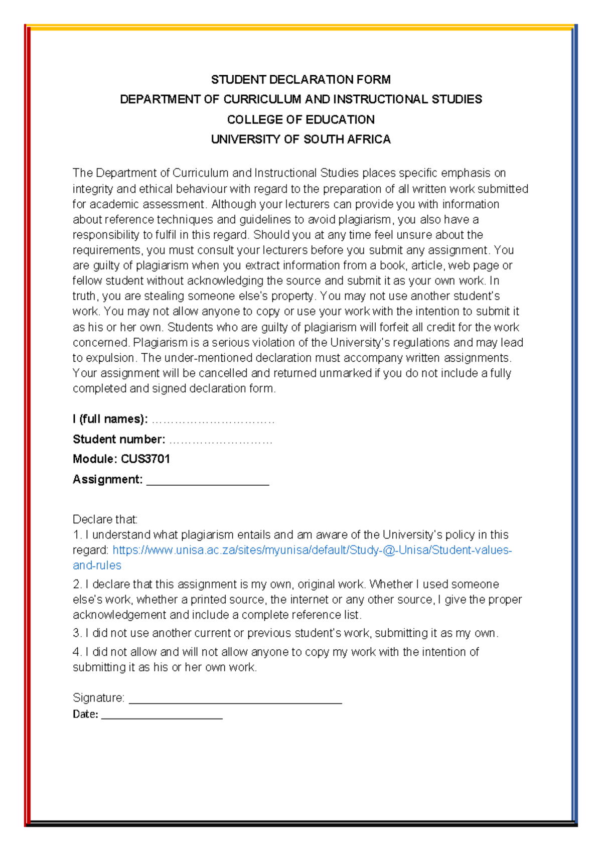 Assessmemt 2 template - STUDENT DECLARATION FORM DEPARTMENT OF ...