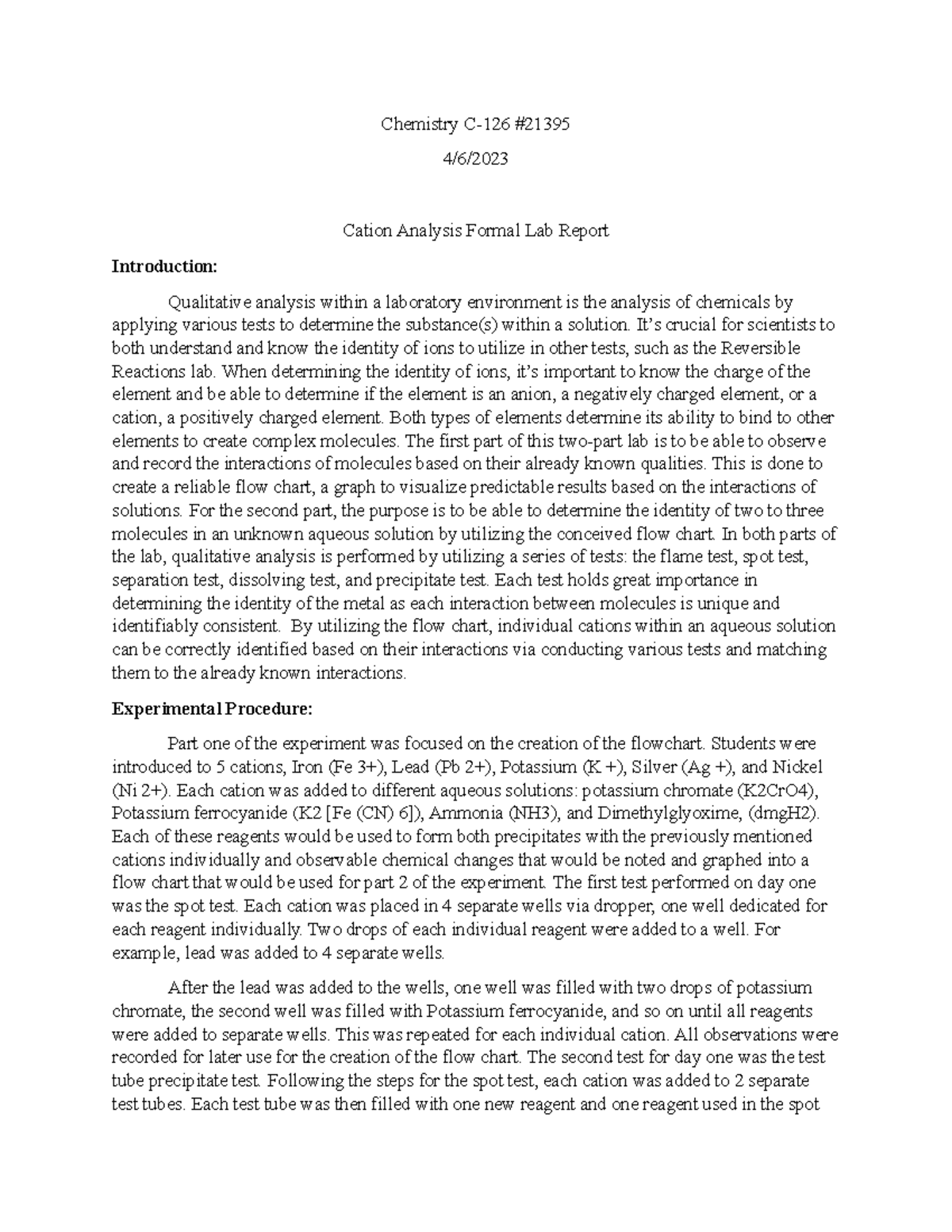 Chem formal report cation analysis - Chemistry C-126 # 4/6/ Cation ...