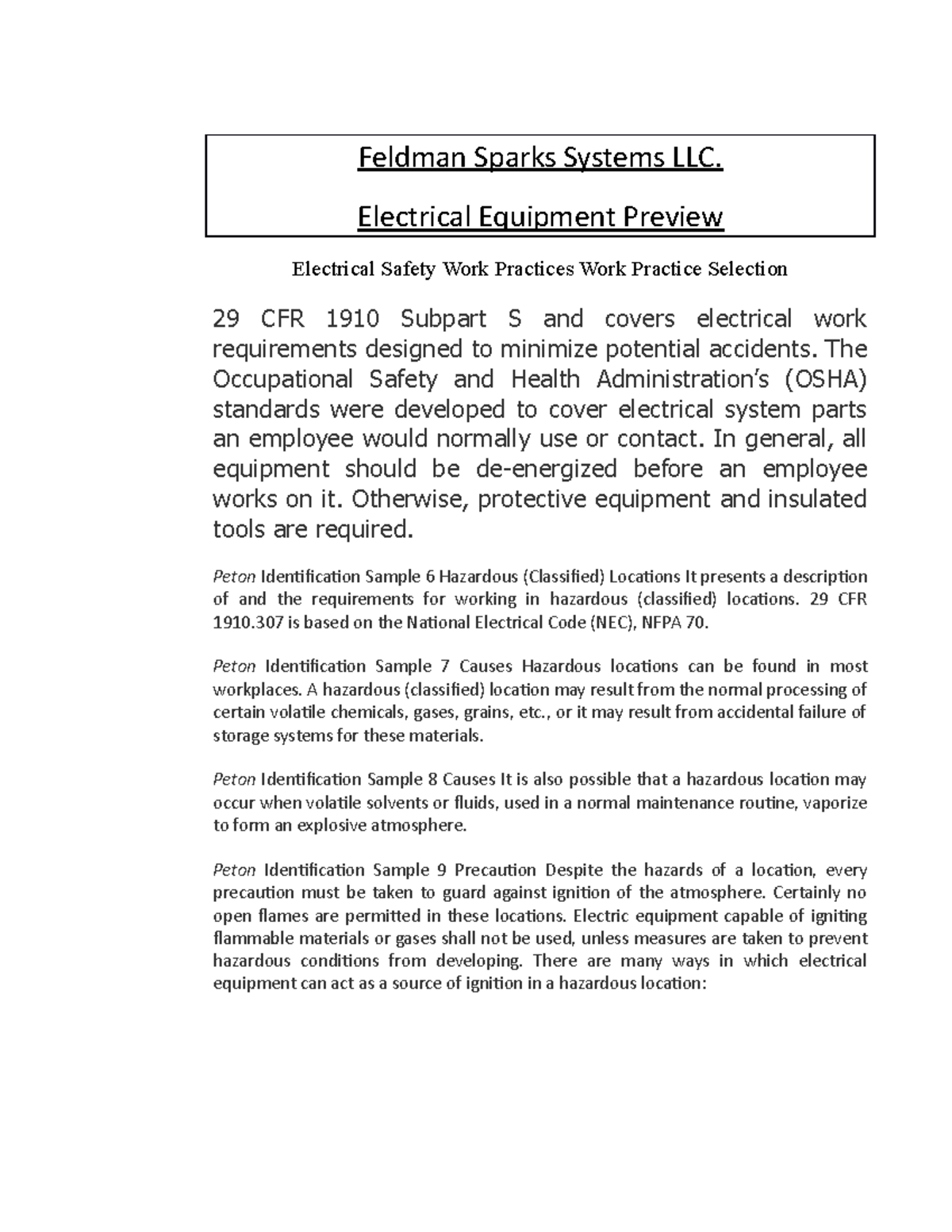 Electrical Equipment document creative - Feldman Sparks Systems LLC ...