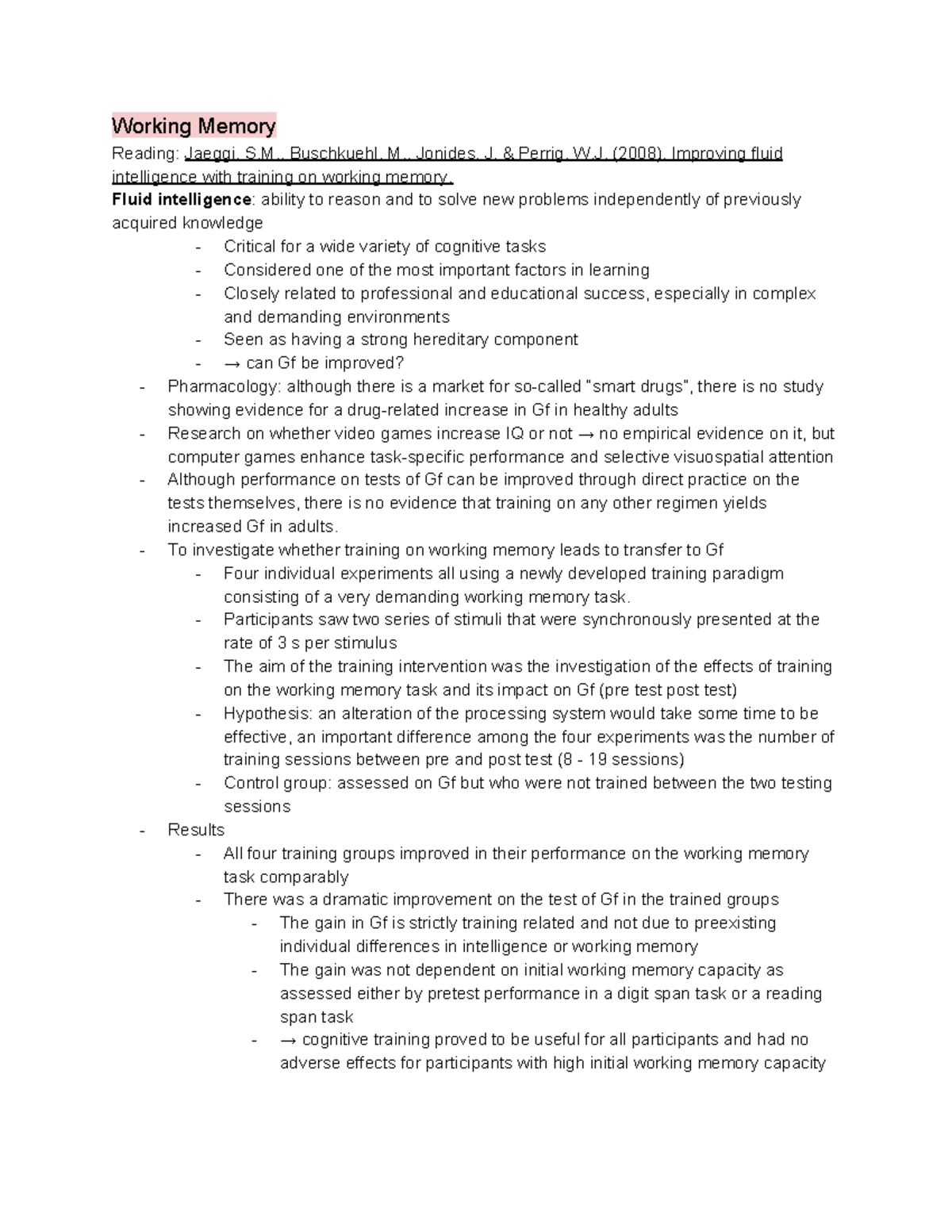 Tutorial + Reading pt 1 - Working Memory Reading: Jaeggi, S ...