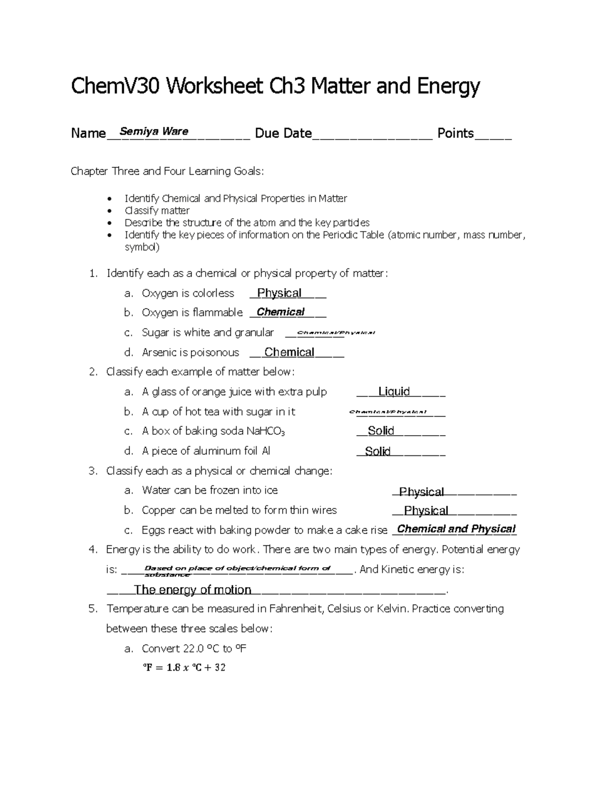 03 V30Worksheet Chp 3 2 - N/a - ChemV30 Worksheet Ch3 Matter and Energy Name ...