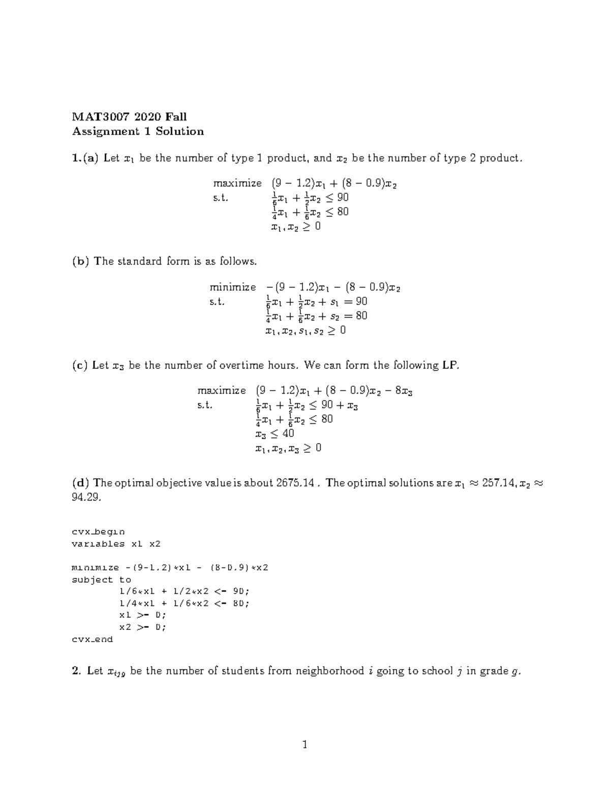 MAT 3007 Homework1 - MAT3007 2020 Fall Assignment 1 Solution 1.(a) Let ...