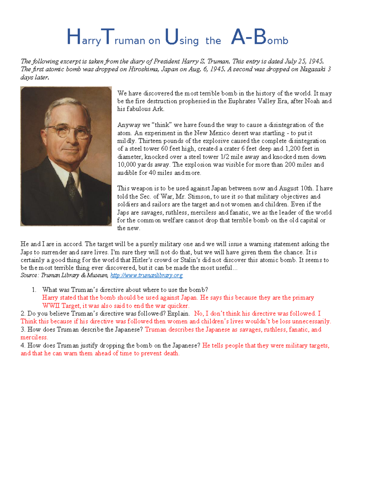 Atomic+Bomb - N/A - HarryTruman on Using the A-Bomb The following ...
