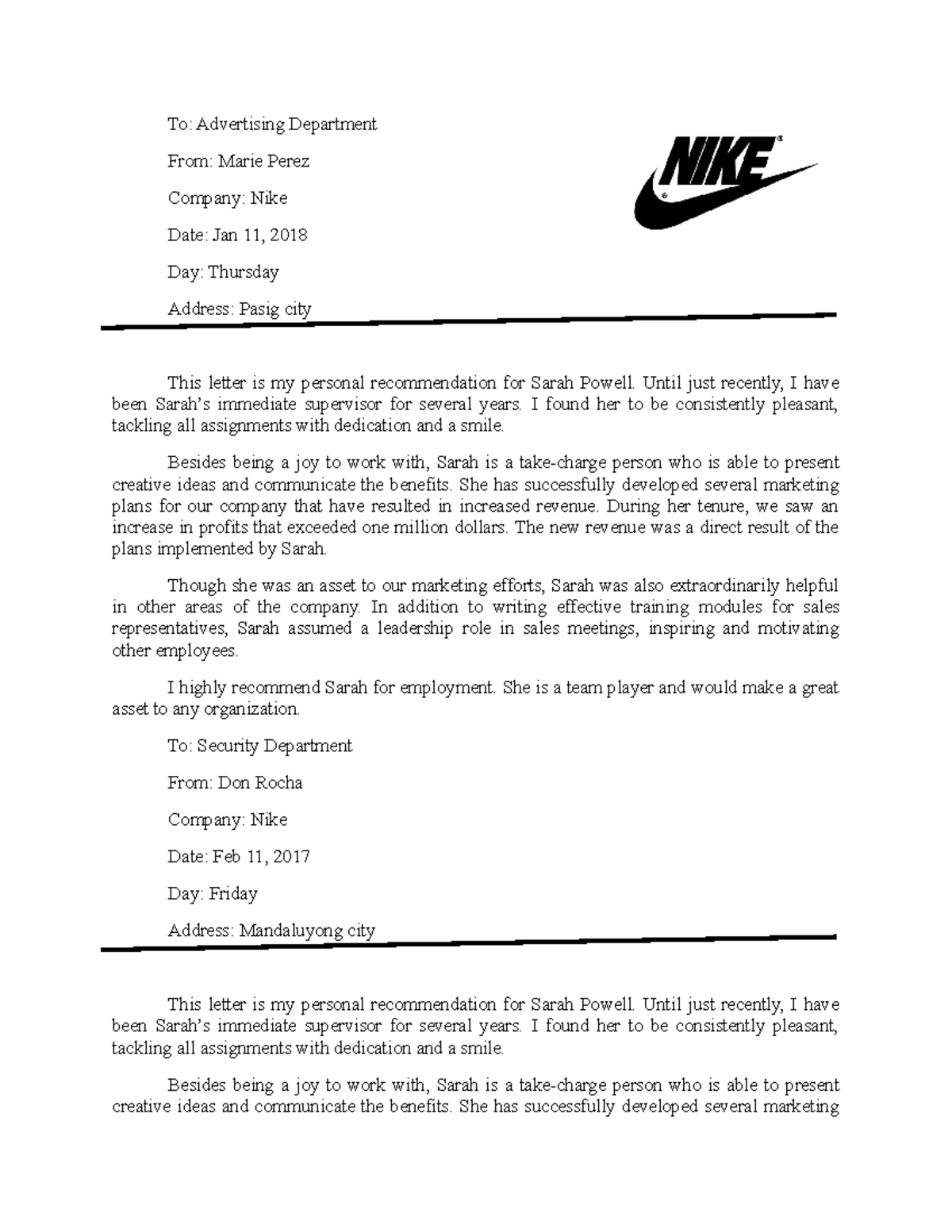 Nike (Sorting) - jyjyjy - To: Advertising Department From: Marie Perez ...