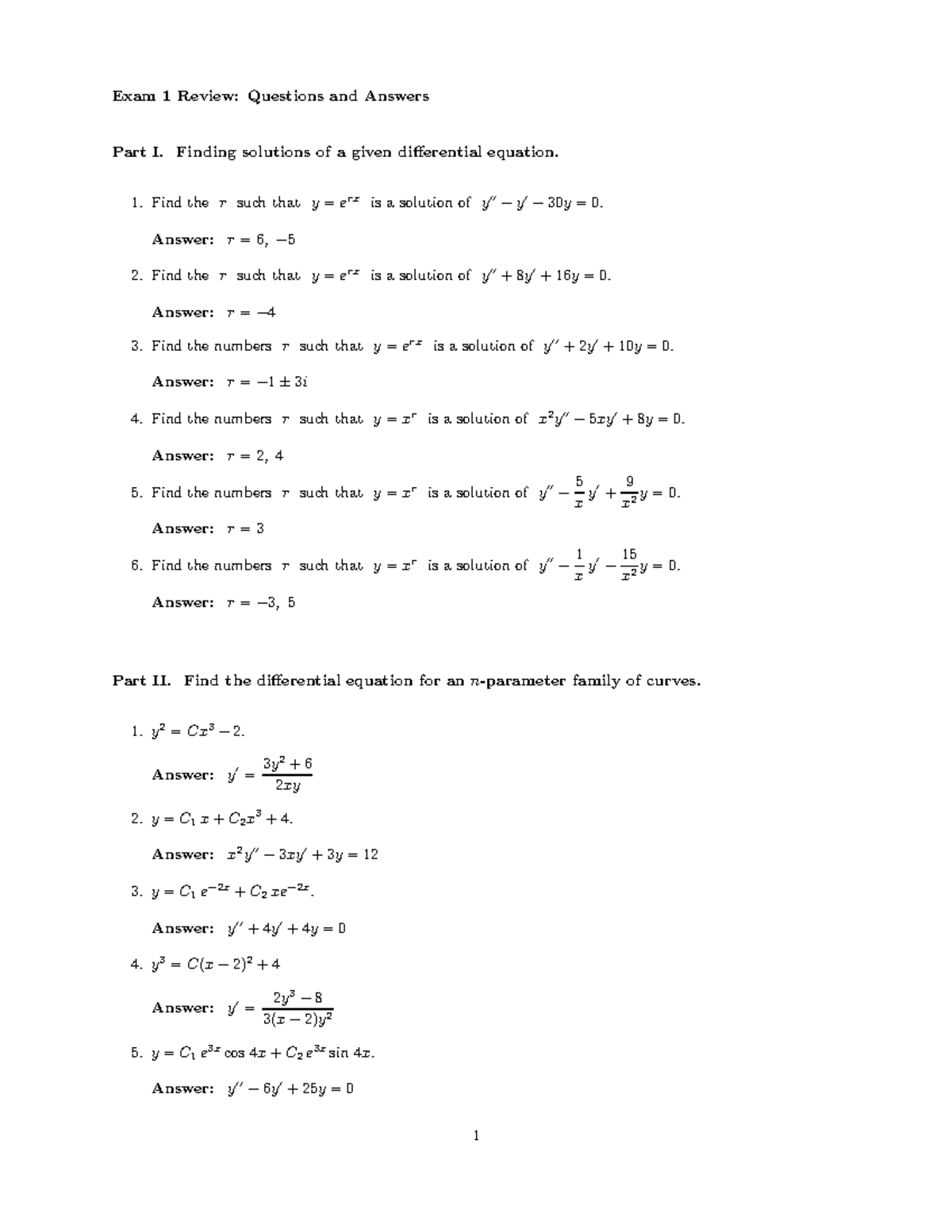 Exam 1 practice problems and questions - Exam 1 Review: Questions and Answers Part I. Finding ...