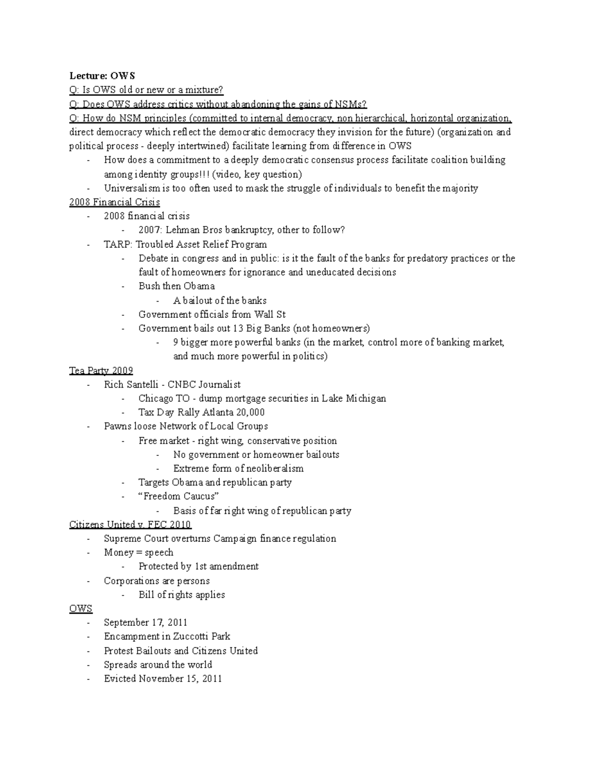 PS 386 Study Guide - Occupy and BLM - Lecture: OWS Q: Is OWS old or new ...