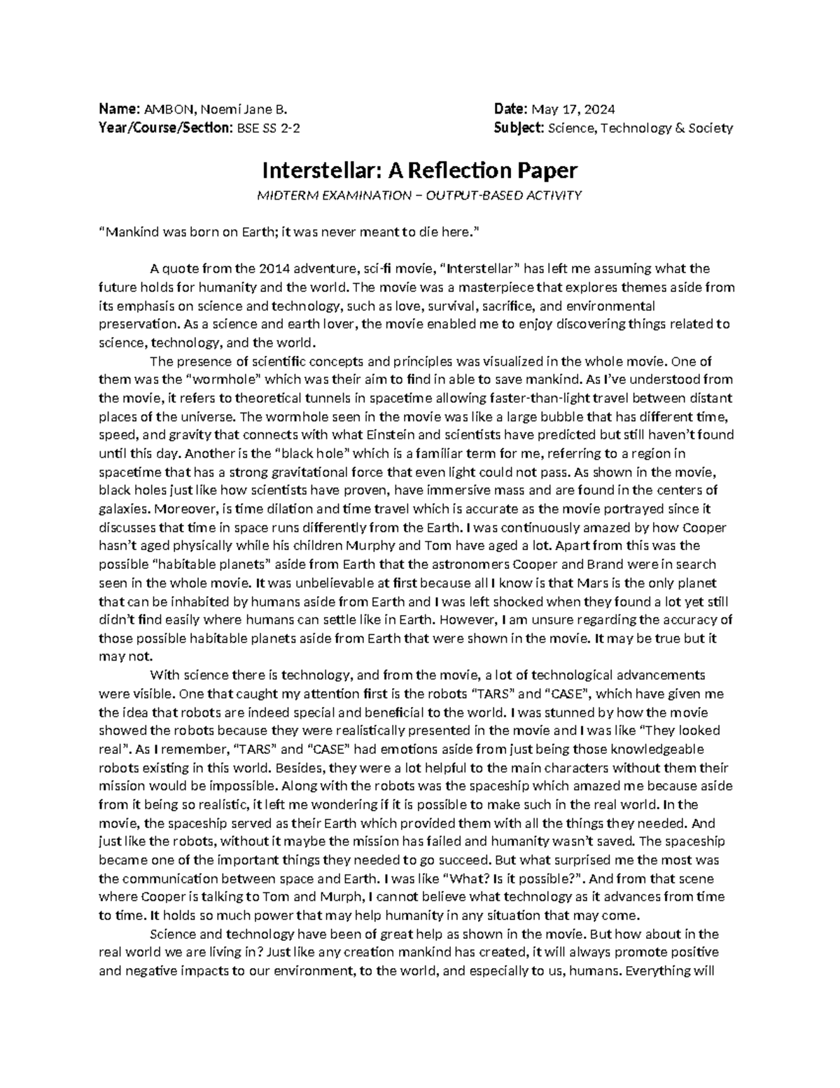 Reflection Paper - Name: AMBON, Noemi Jane B. Date: May 17, 2024 Year ...