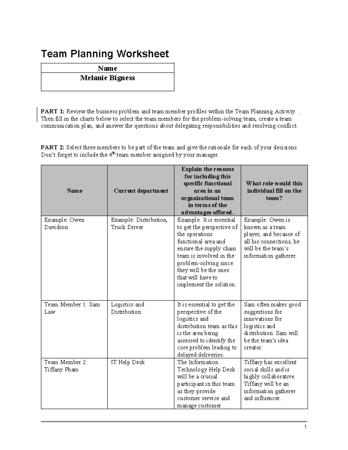 Assessment 3 Building Effective Teams - Team Planning Worksheet Name ...