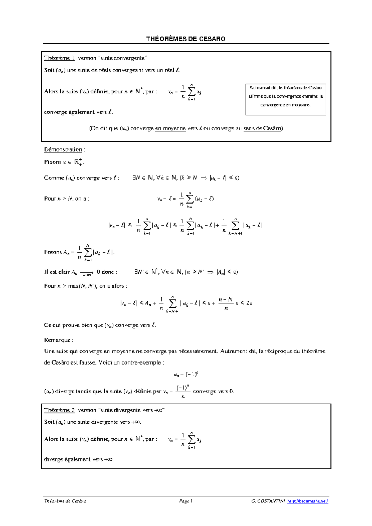 Cesaro - Théorème de Cesàro Page 1 G. COSTANTINI bacamaths/ THÉORÈMES ...