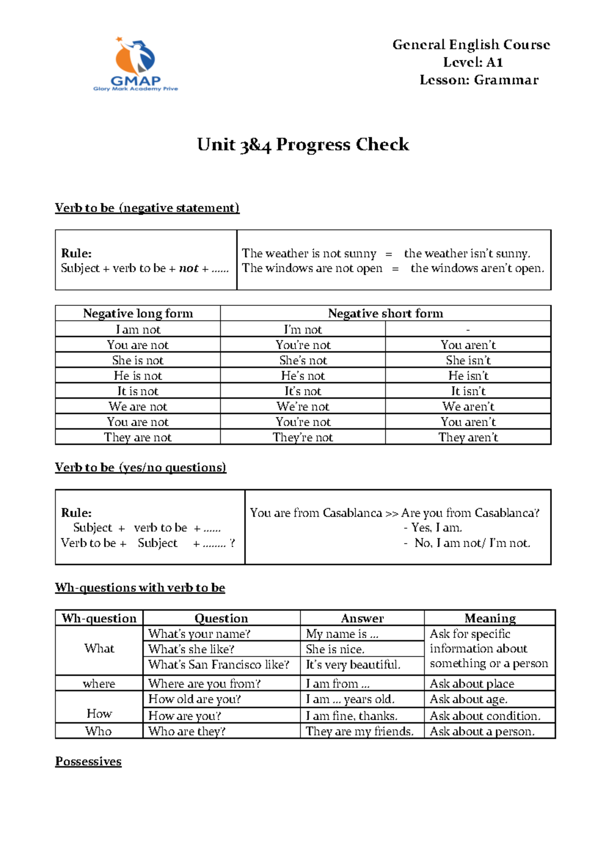 Grammar - grammer - General English Course Level: A 1 Lesson: Grammar ...