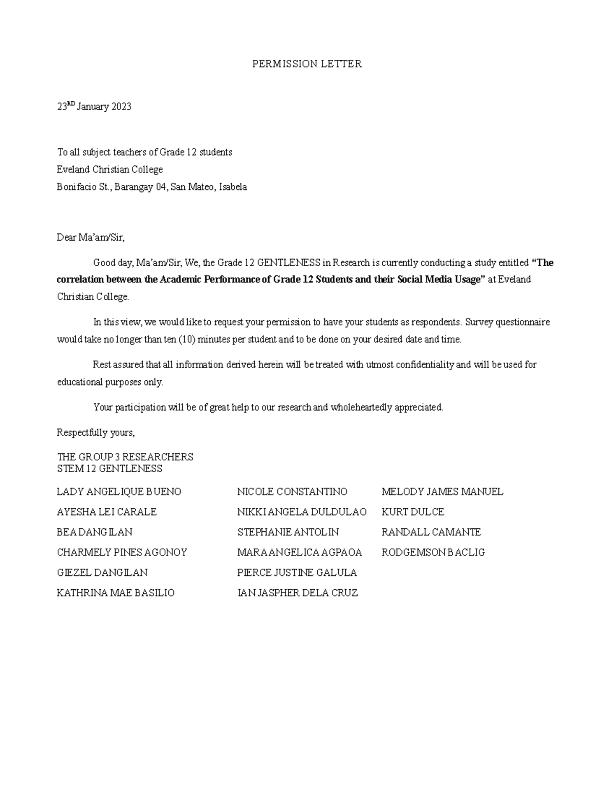 Permission Letters - For conducting research - PERMISSION LETTER 23 RD ...