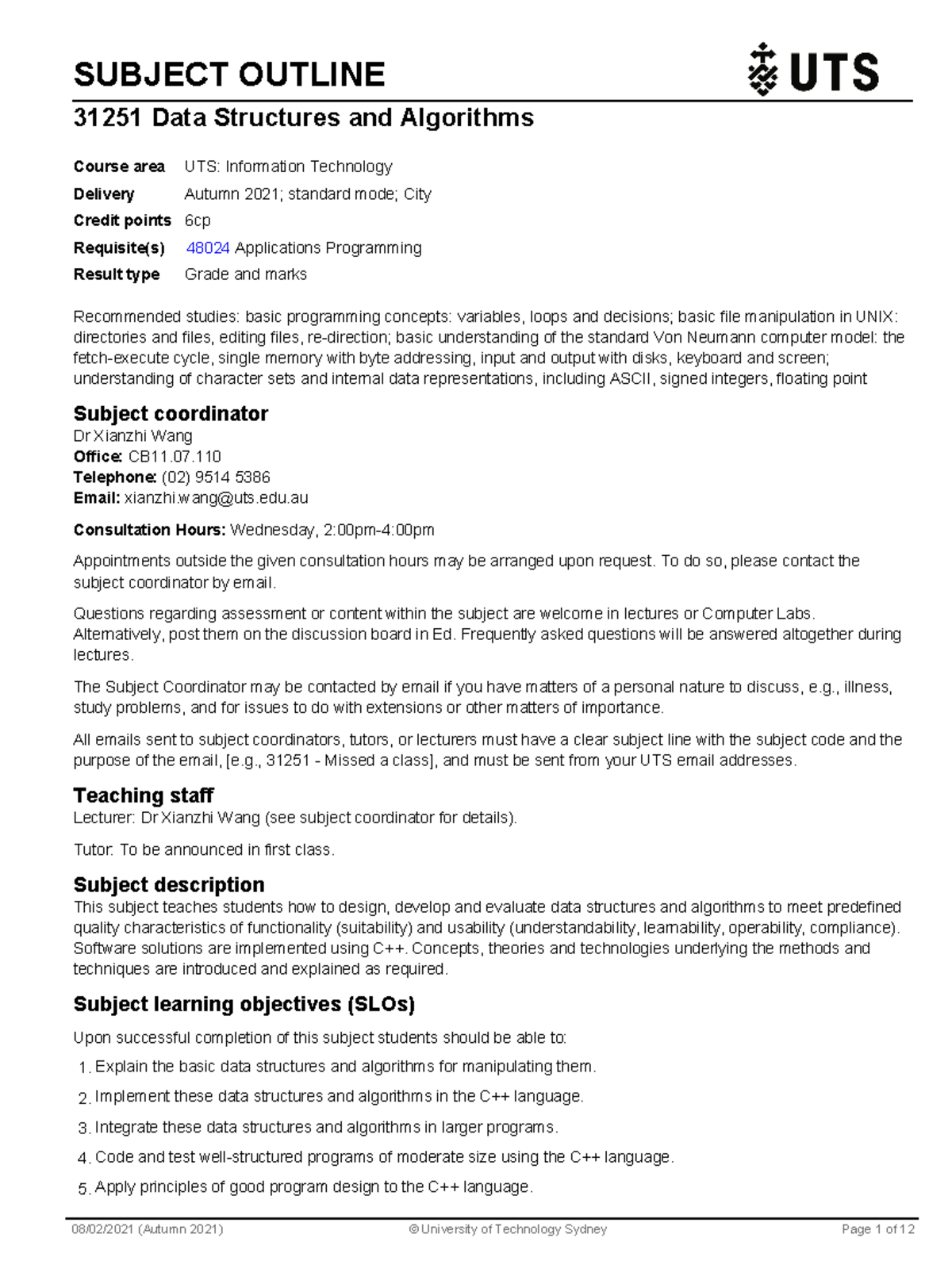 Pdfs Subject Outline Subject Outline 31251 Data Structures And Algorithms Recommended