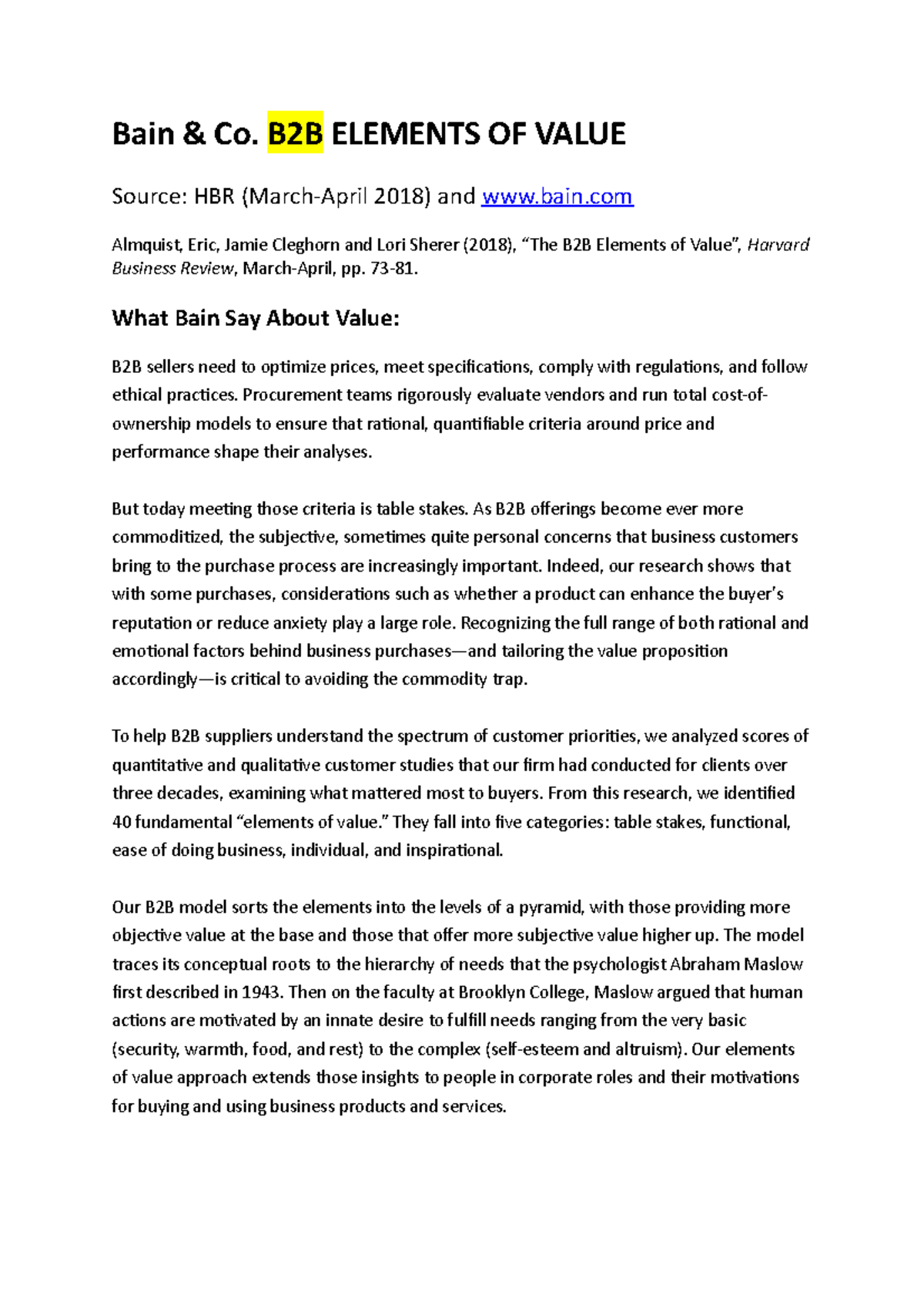 1.4 Bain B2B Value Frameworkssignment of benefits: An arrangement by ...