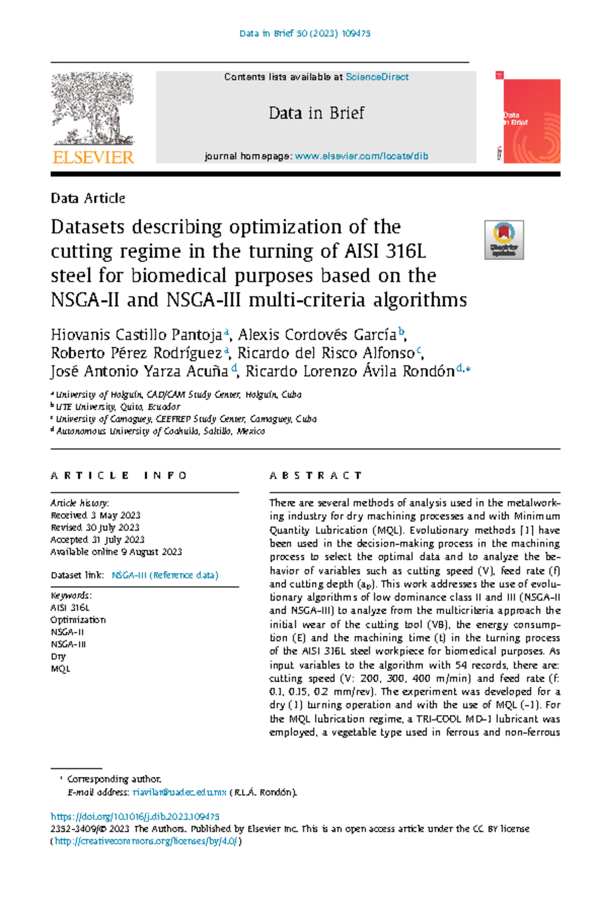 NSGA3 - ........... - Data in Brief 50 (2023) 109475 Contents lists available at ScienceDirect ...