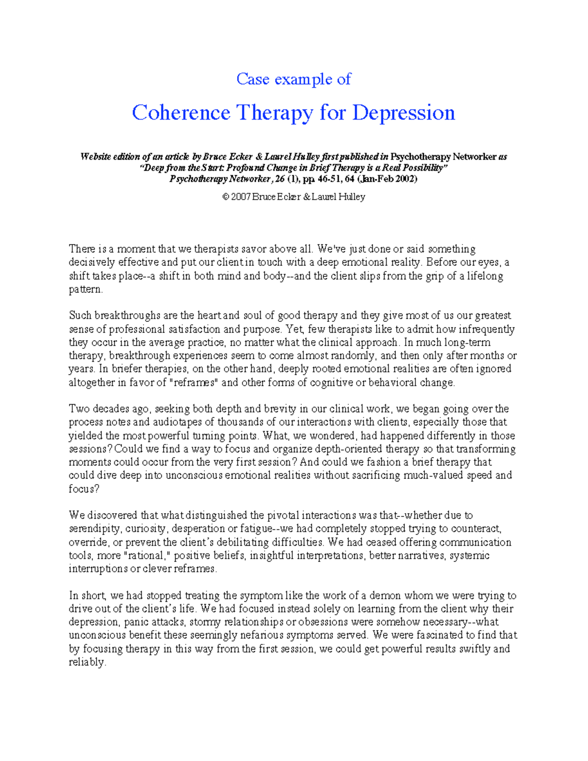 Tina-Depression - Case example of Coherence Therapy for Depression ...