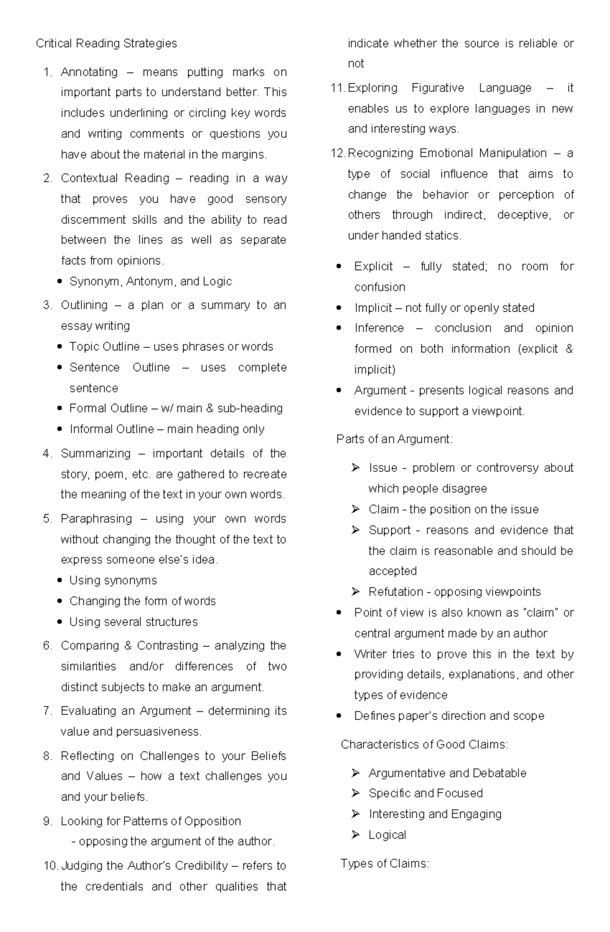 Reading and Writing Midterm - Critical Reading Strategies 1. Annotating ...