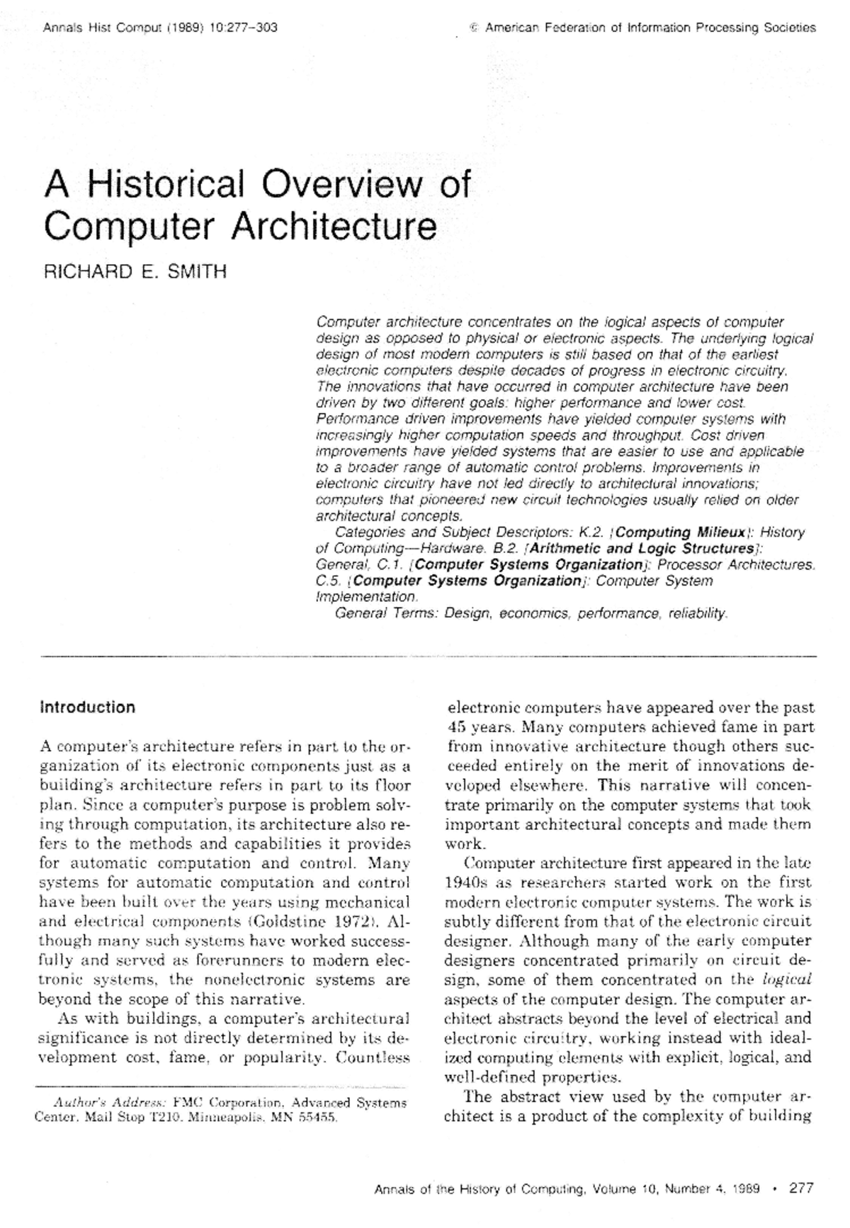 Historical overview of computer architecture richard e - Annals Hist ...