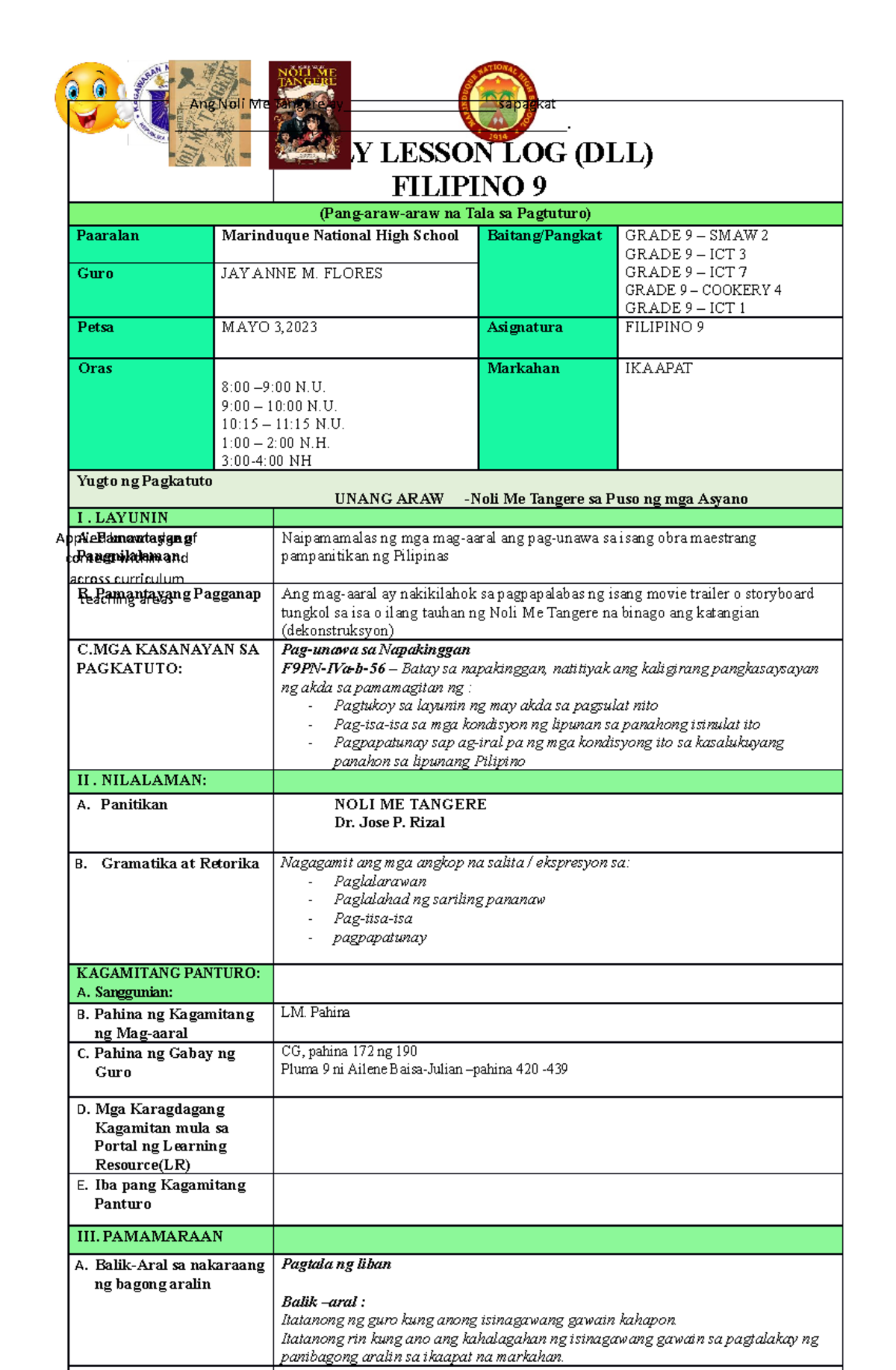 1-17-19 2nd Observation - DAILY LESSON LOG (DLL) FILIPINO 9 (Pang-araw ...