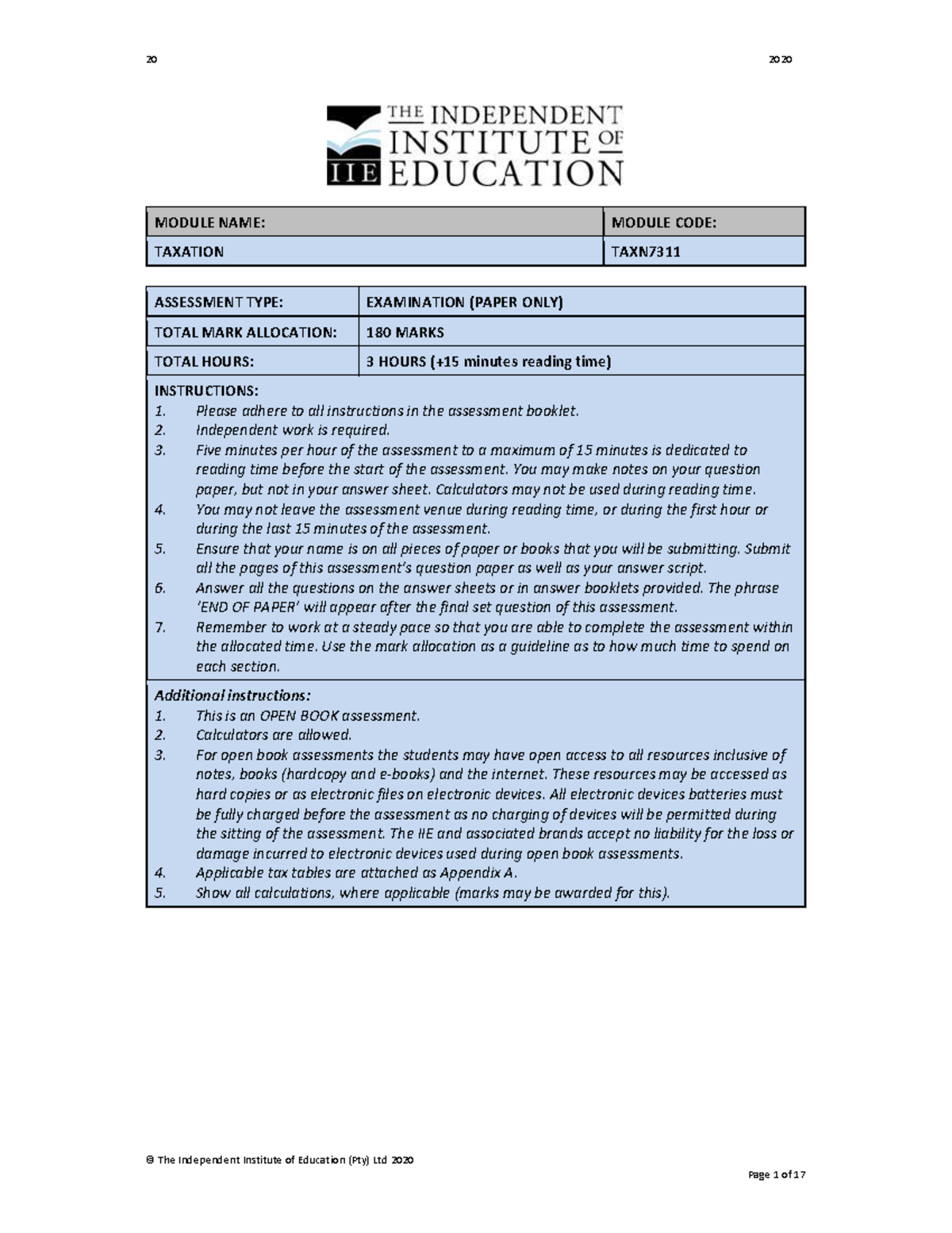 TAXN7311Ec C19 S2 - Taxation 3A exam paper. - © The Independent ...