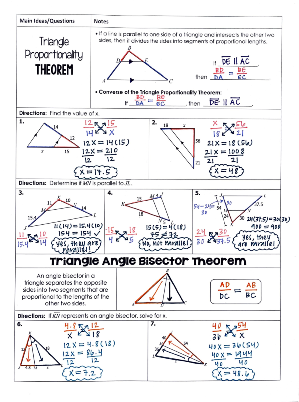 Proprotionality+&+Angle+Bisector+Theorem+Notes+Key - Main Ideas ...