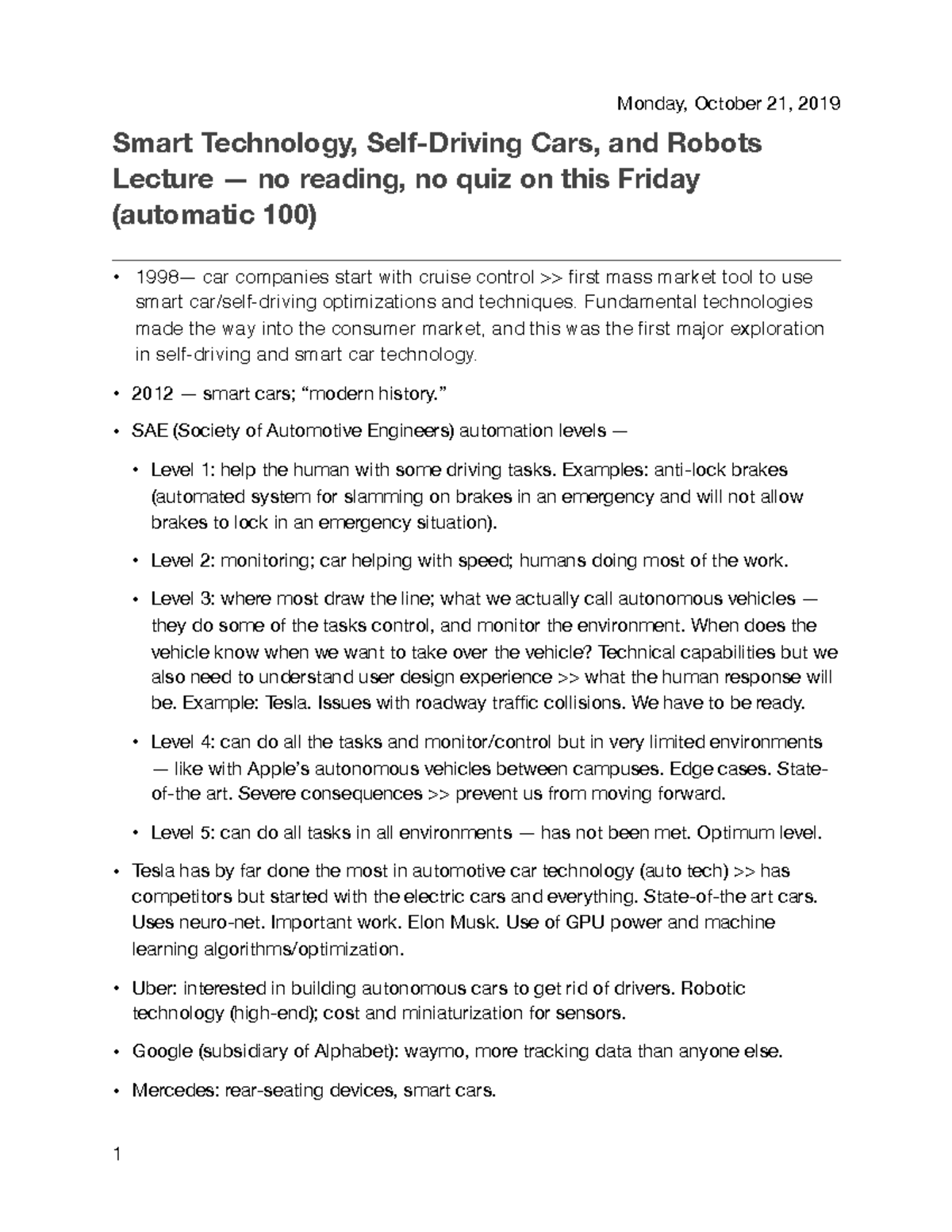 Self-driving Cars and Technology - Monday, October 21, 2019 Smart ...