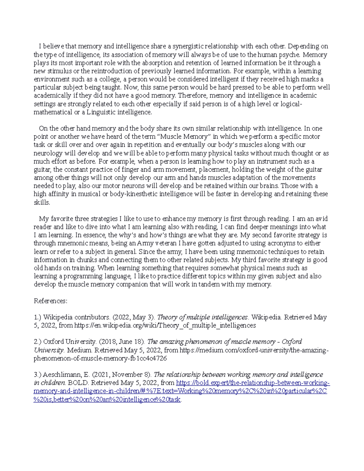 PSYC 1504 - Week 4 Learning Journal - I believe that memory and ...