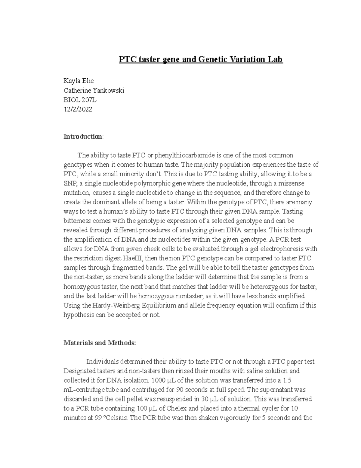 Ptc lab report - end of the year - PTC taster gene and Genetic Variation Lab Kayla Elie ...