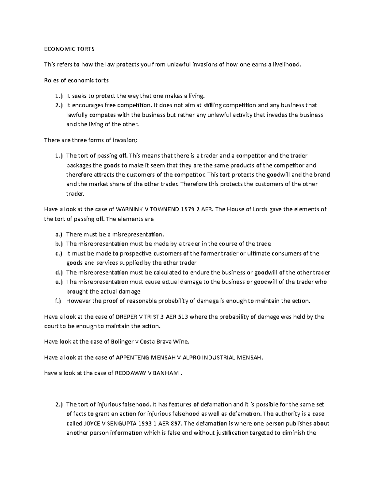 Economic Torts Cases ,Notes Explanations - Law of Tort - KNUST - Studocu