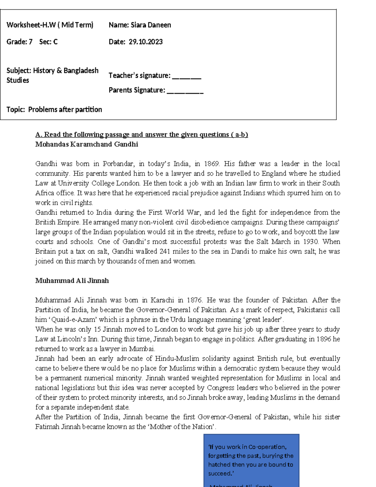 Muskan Mahajabin ZARA - Problems after partition WS - A. Read the ...