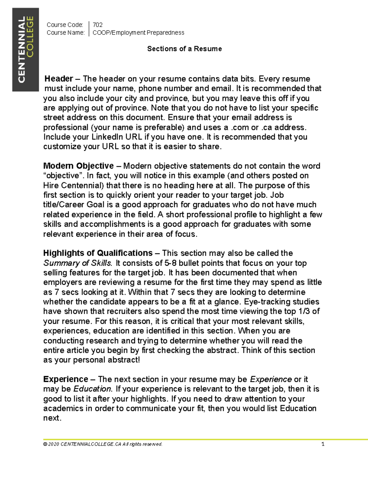 Mod 5- Sections of a Resume Transcript - Course Code: 702 Course Name ...