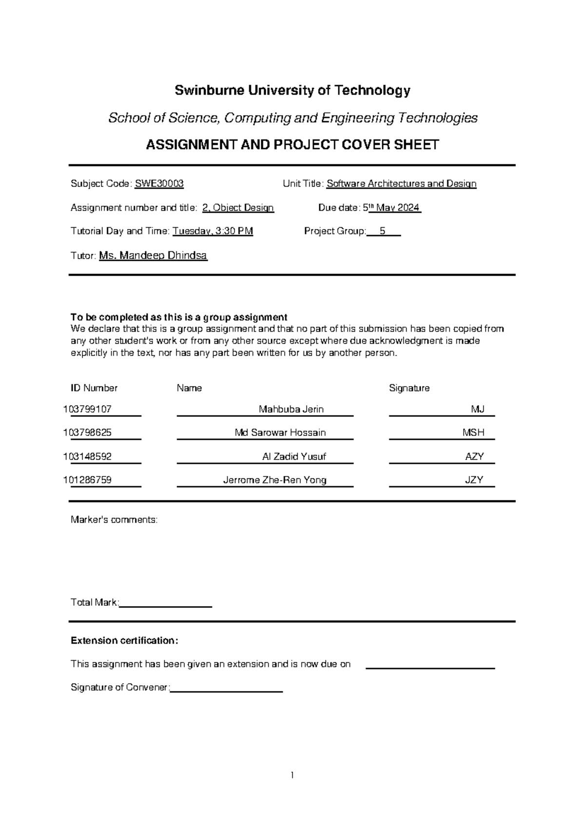 Assignment 2 Object Design - 1 Swinburne University of Technology School of Science, Computing ...