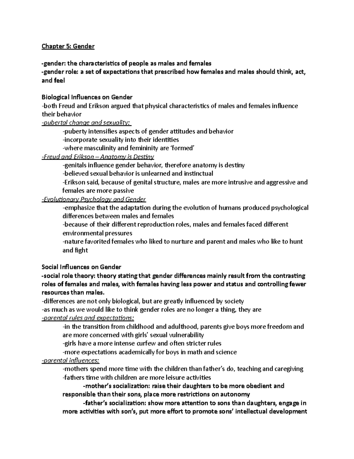 Chapter 5 Book Notes - Chapter 5: Gender -gender: the characteristics ...