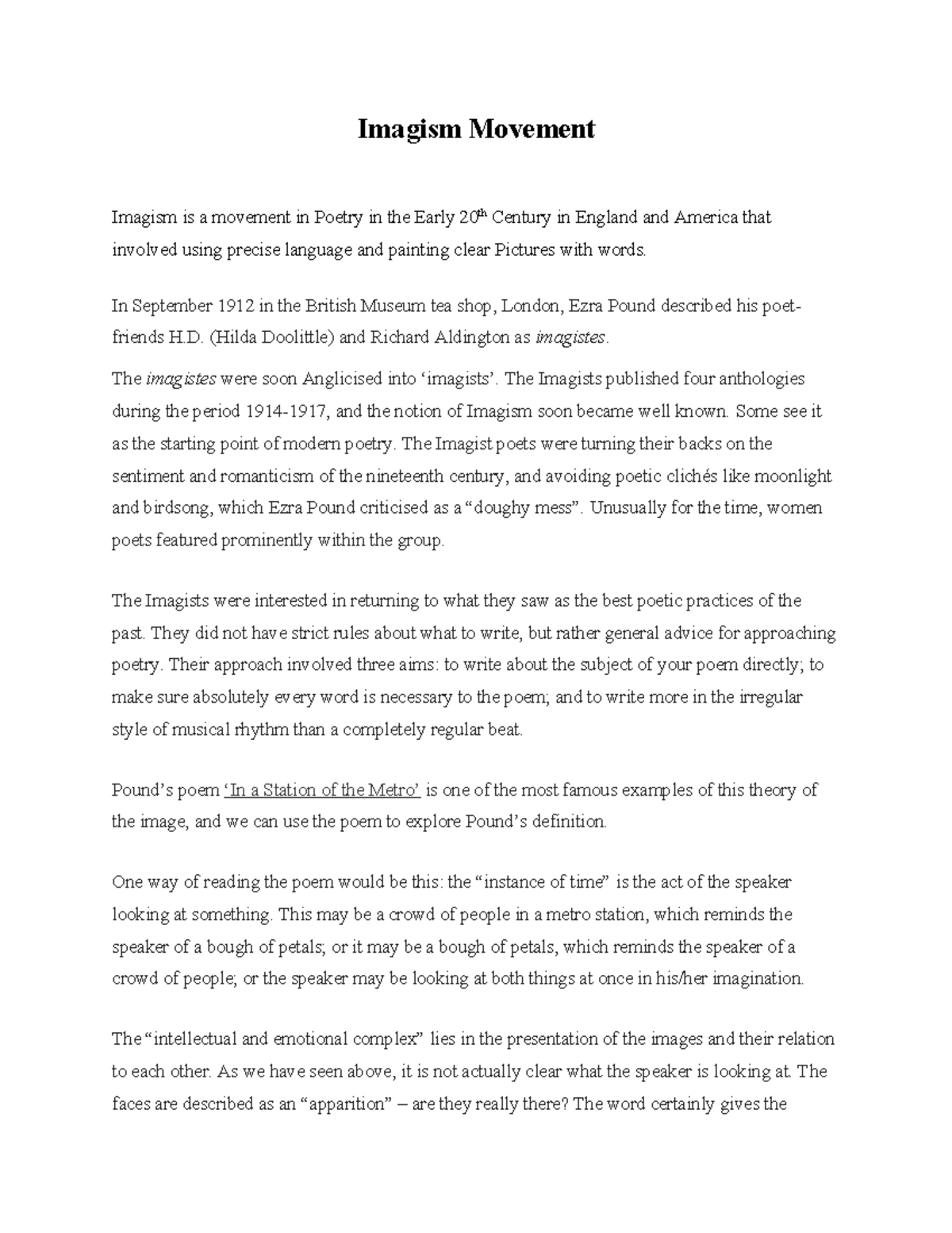 Imagism Movement in Ezra Pound Poetry - Imagism Movement Imagism is a ...