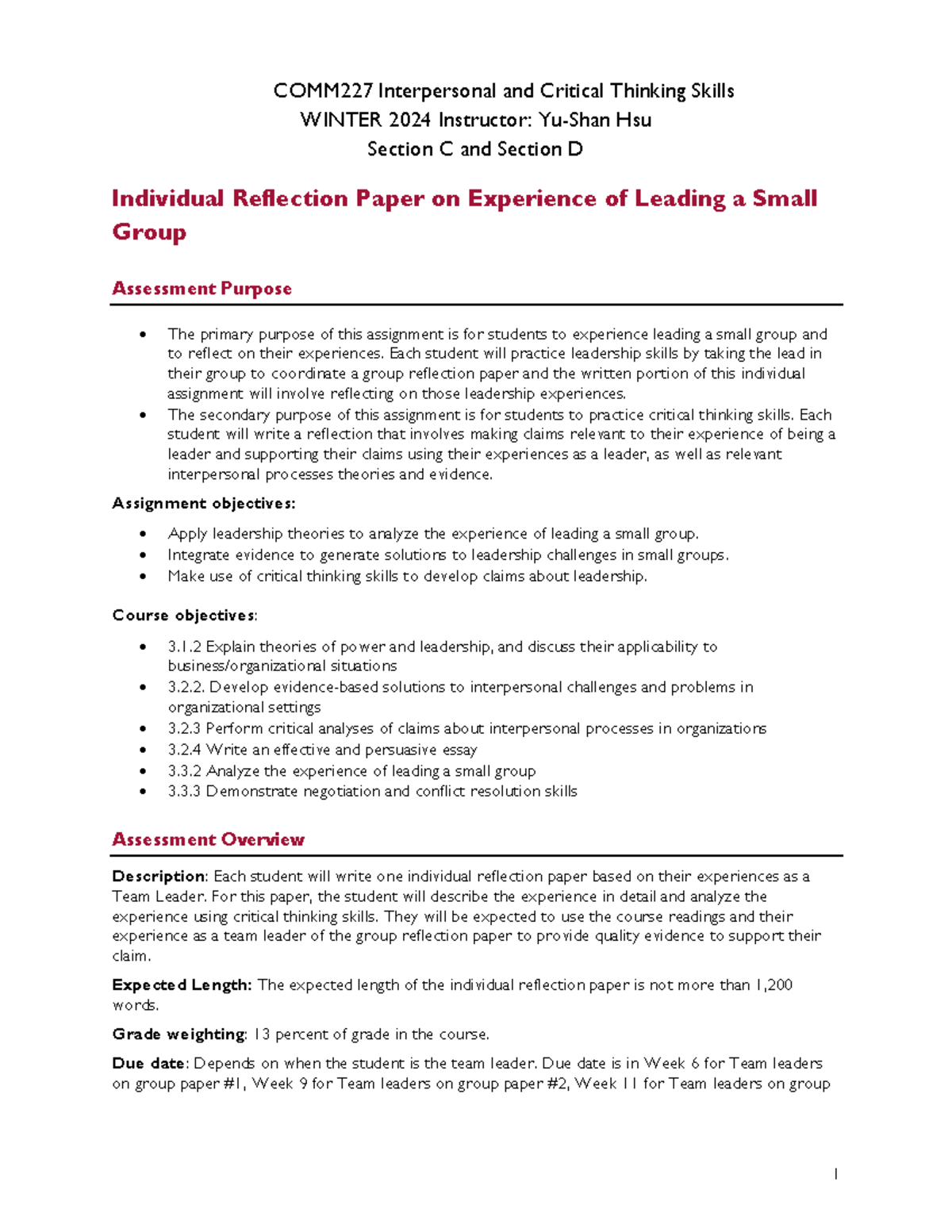 COMM 227 Individual reflection paper guidelines - COMM227 Interpersonal ...