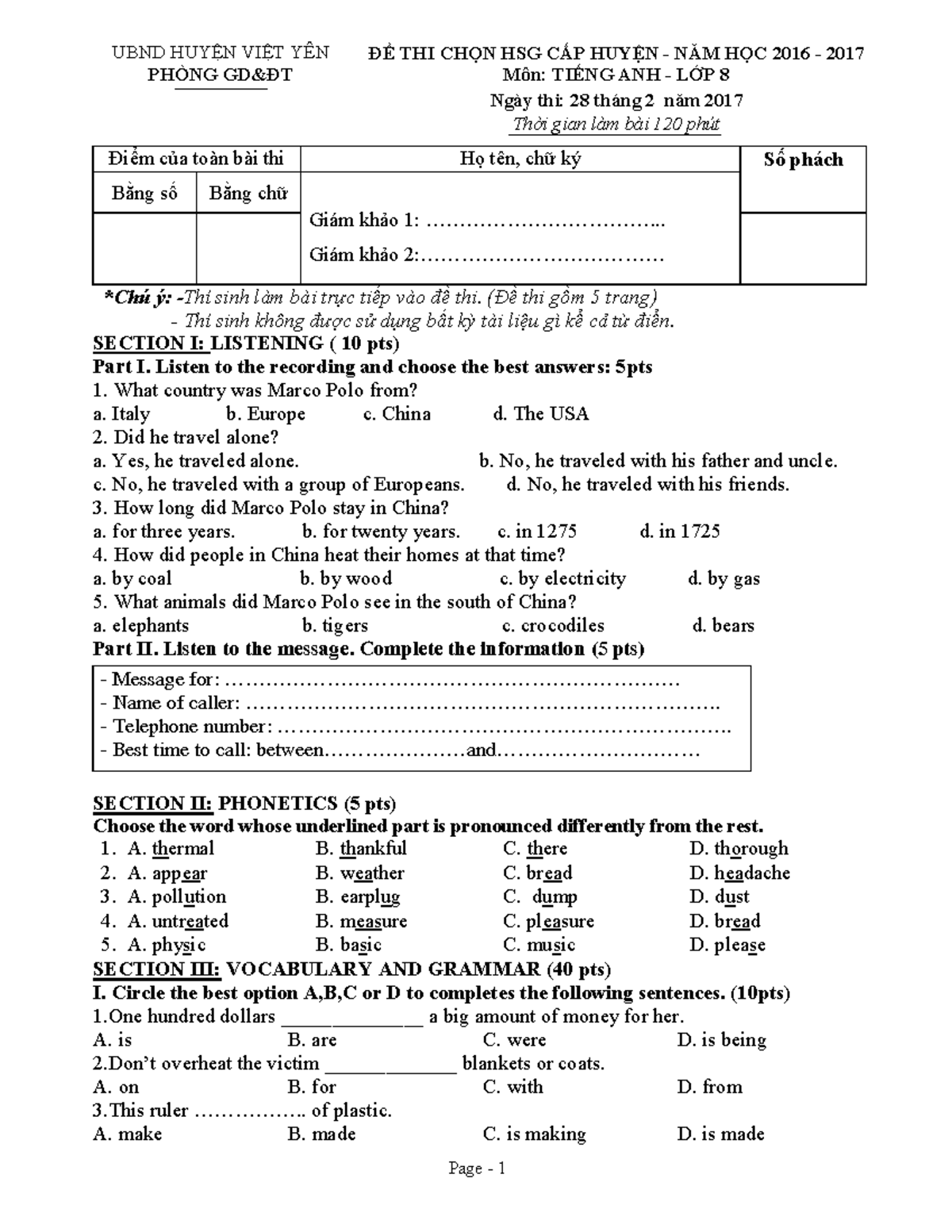 De Thi HSG Anh 8 Cap Huyen - UBND HUYỆN VIỆT YÊN PHÒNG GD&ĐT ĐỀ THI CHỌN HSG CẤP HUYỆN - NĂM HỌC ...